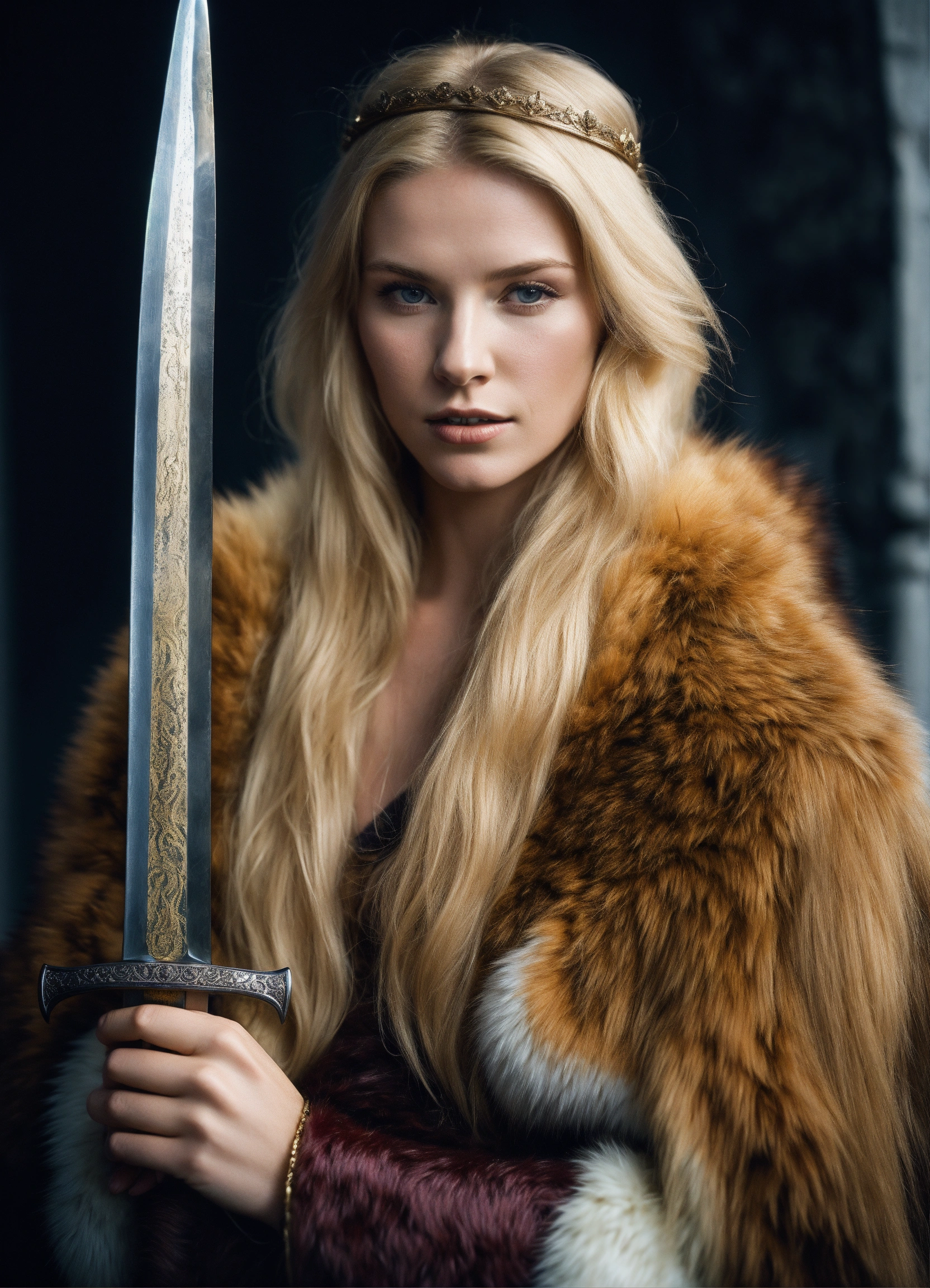 Lexica - Anglo saxon blonde woman in furs with a sword