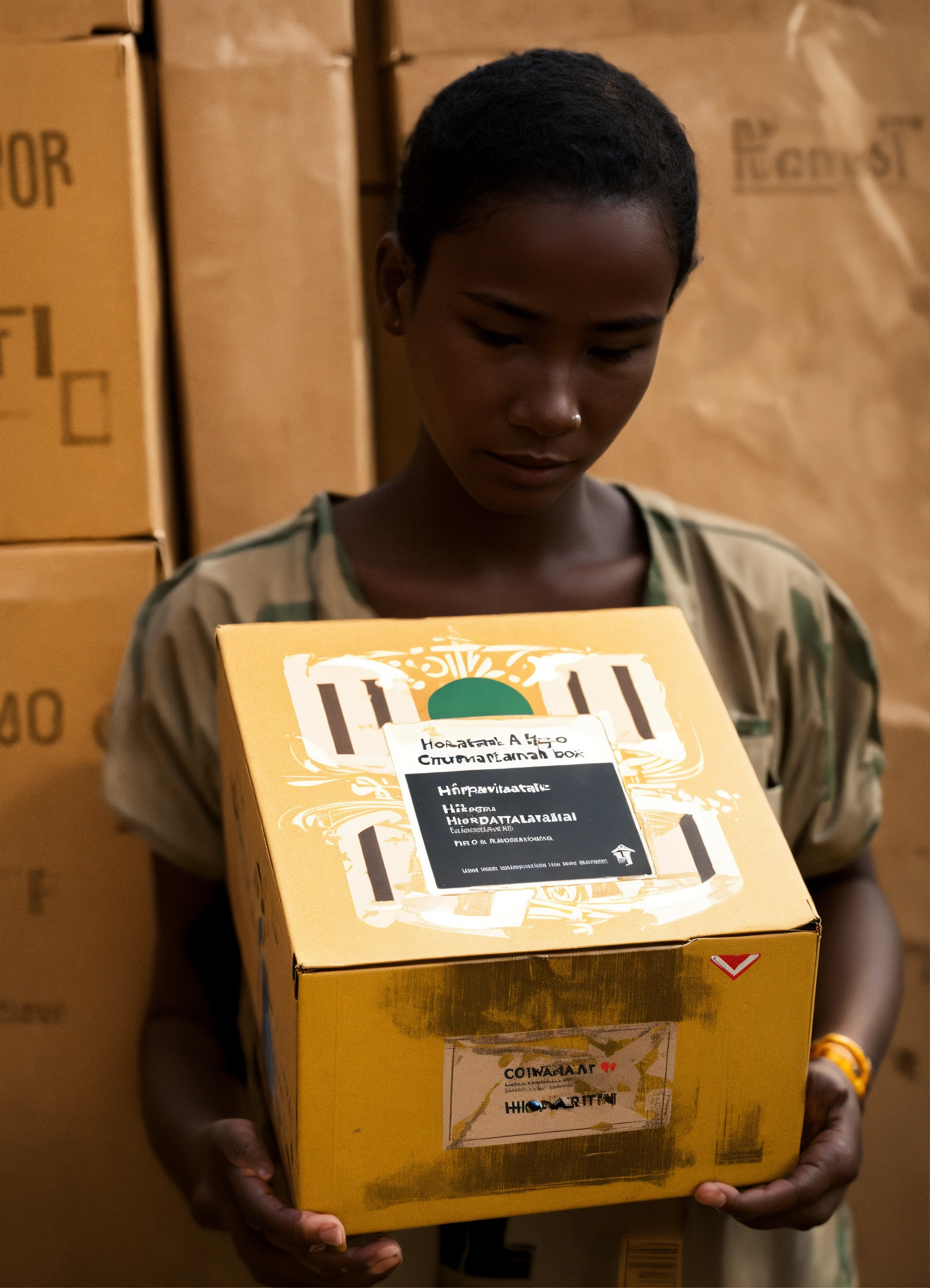 Lexica - A person standing holding a humanitarian aid box with their ...