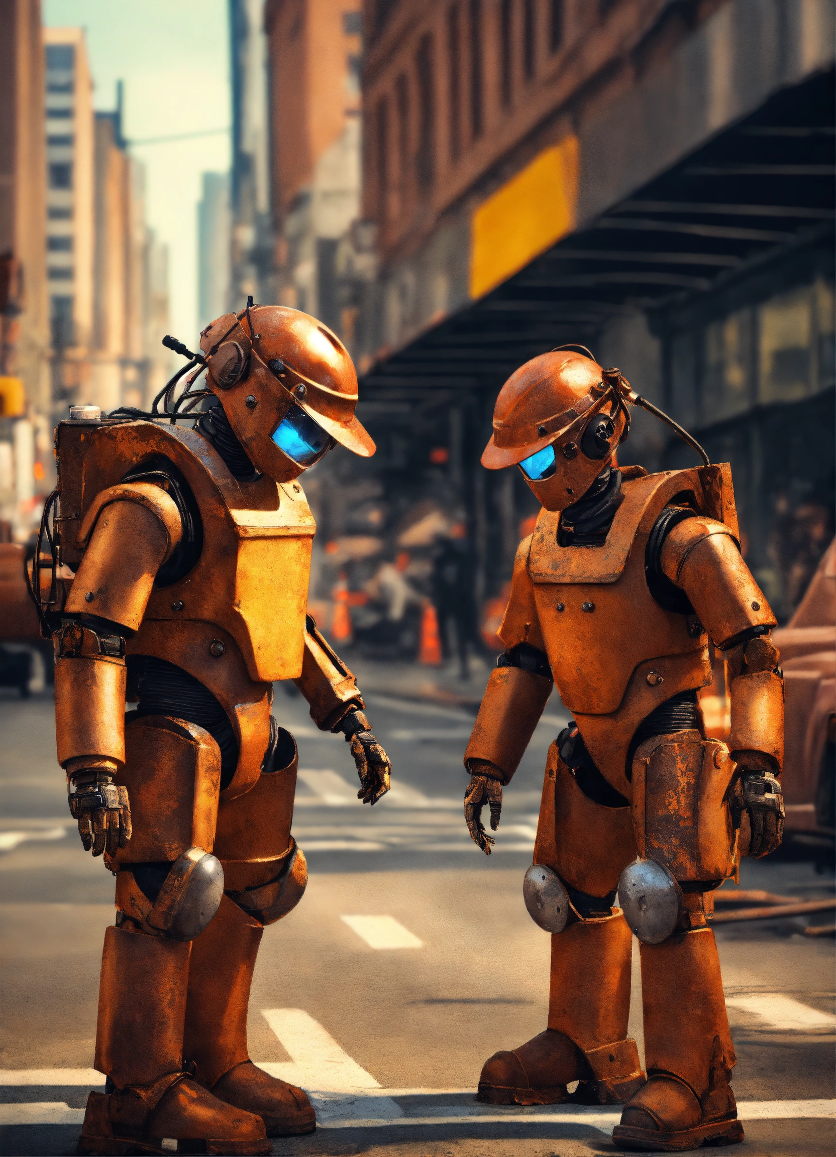 Lexica - 2 rusty semi-broken humanoid robots, in a busy street, mine worker helmet with a light ...