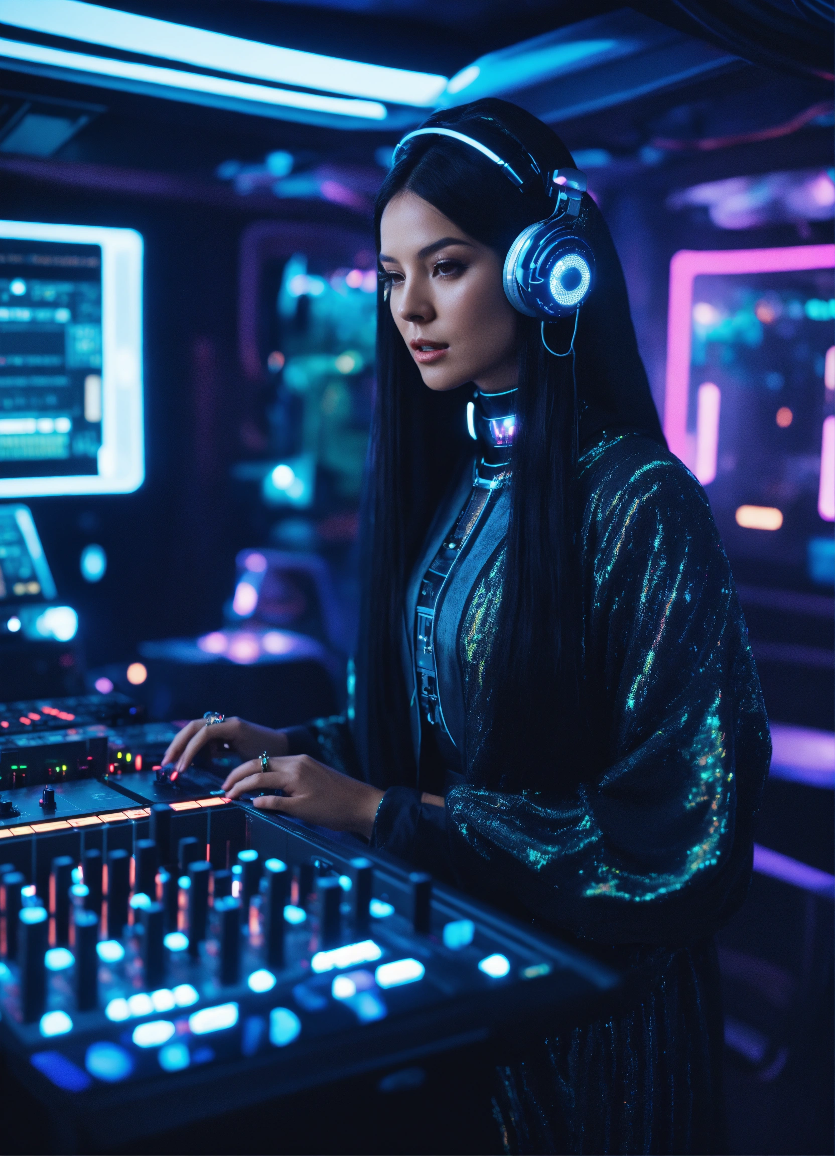 Lexica - Girl with long straight black hair in futuristic robe with hi ...