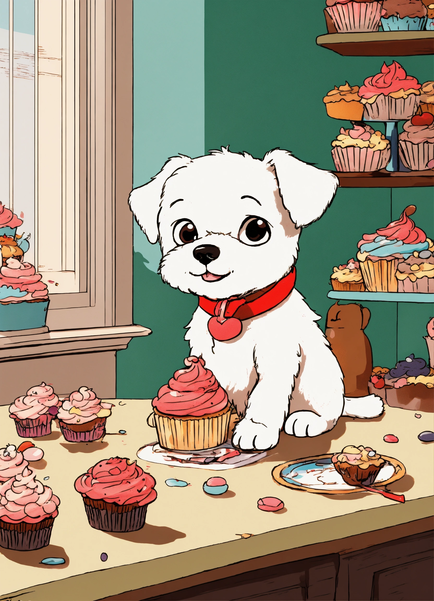Lexica - A cute ADORABLE WHITE LITTLE DOG WITH BIG EYES, eating messy ...