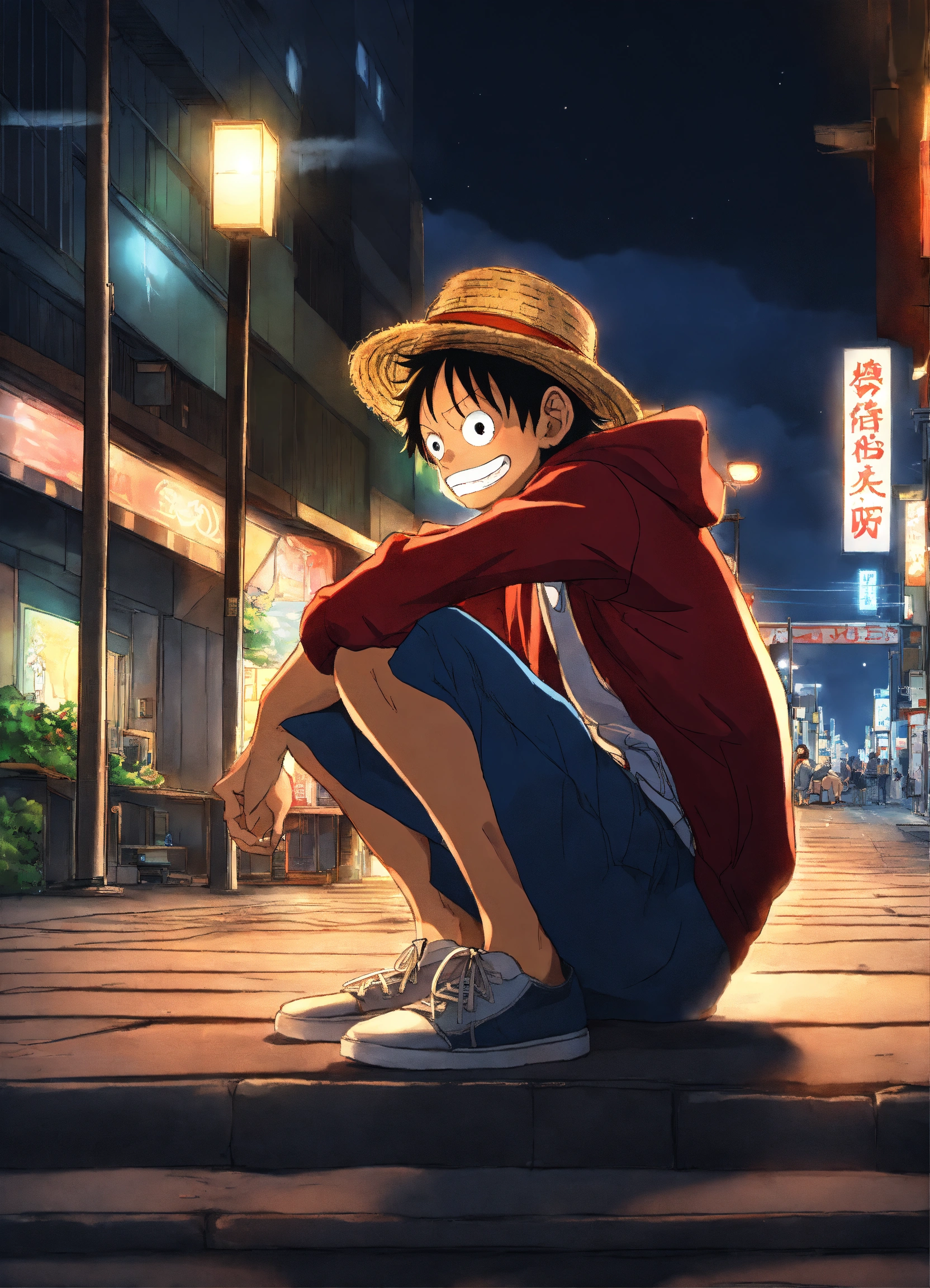 Lexica - Monkey D. Luffy sitting on the street under the spotlights in ...