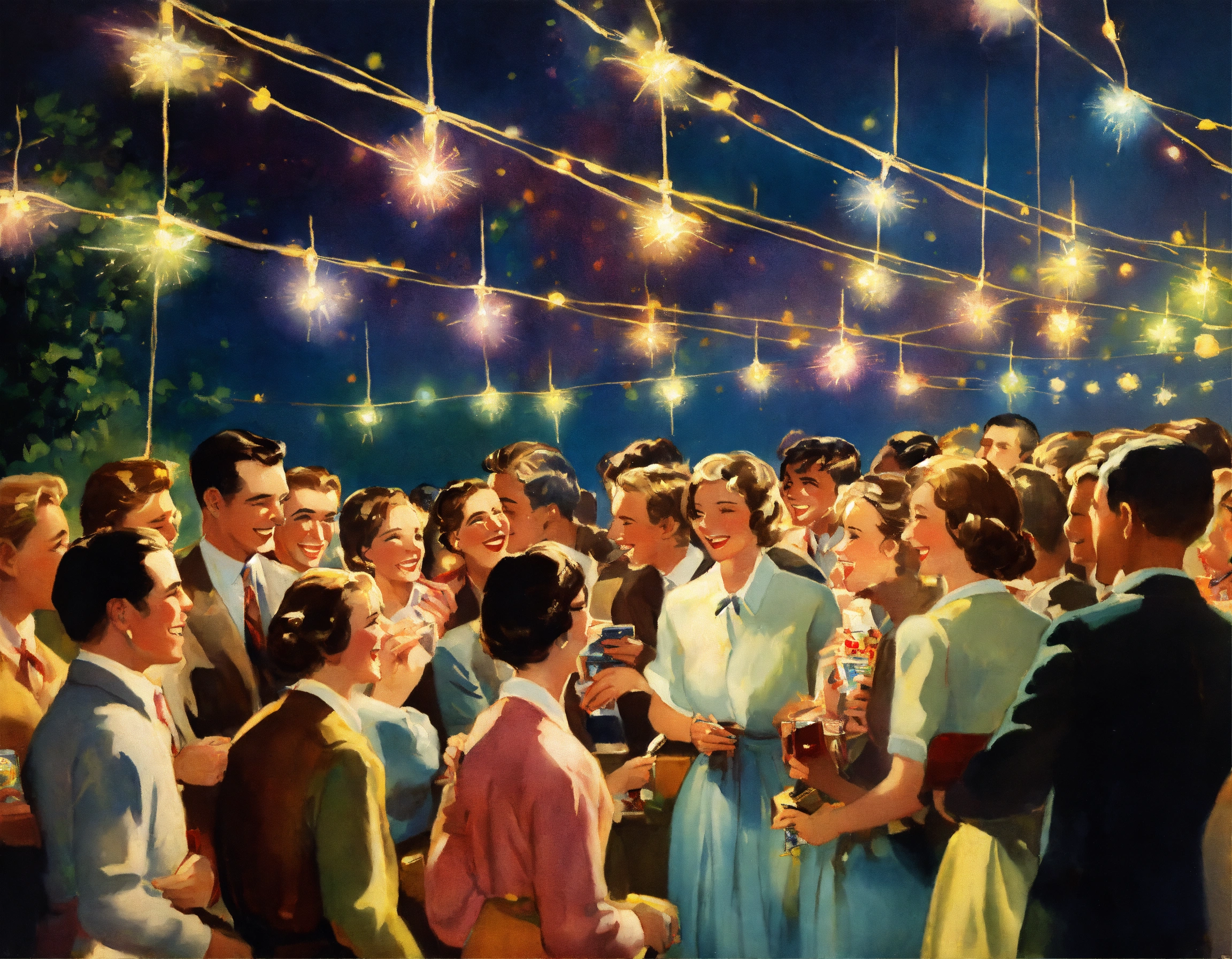 Lexica - Lights in network of string turning on, happy people celebrate ...