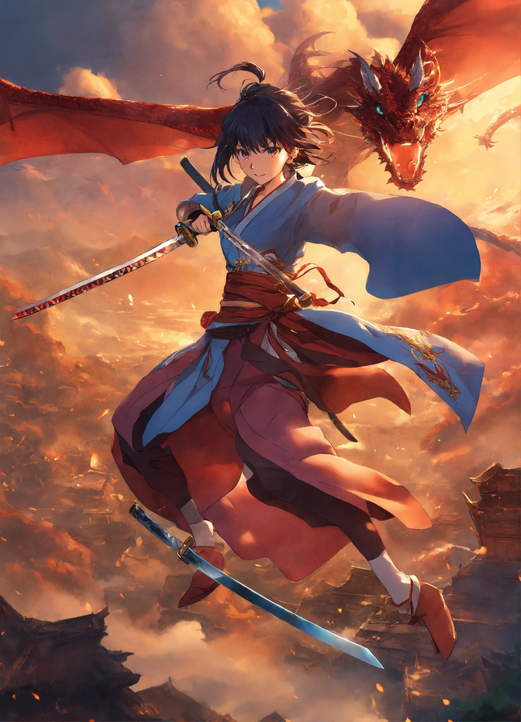 Lexica - An anime character engages in a high-flying battle with Dragon ...