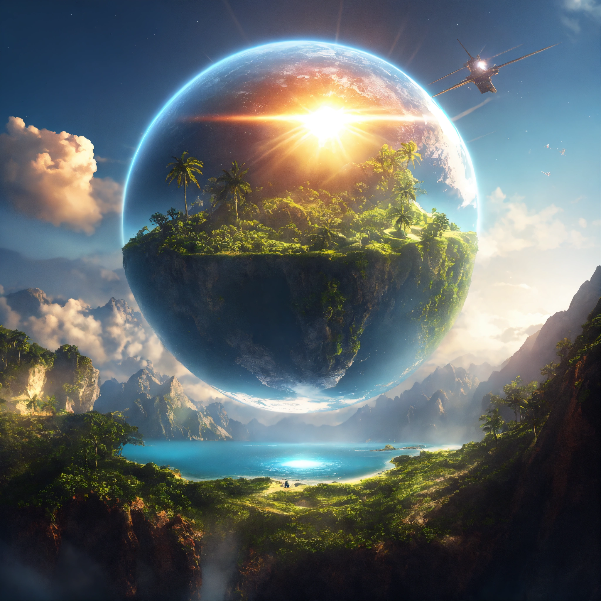 Lexica - Island with one little planet in background, being ...