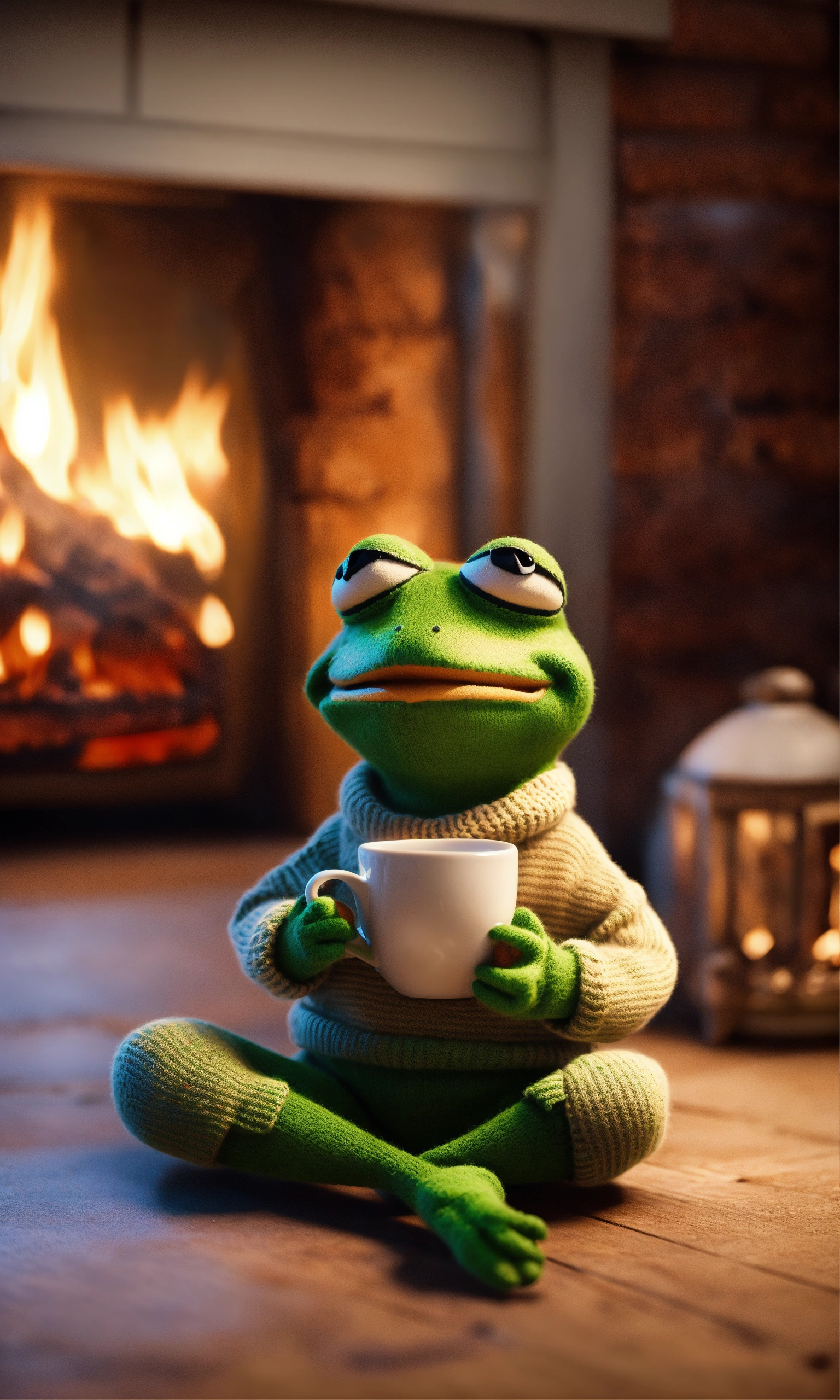 Lexica - A tiny pepe the frog sipping tea wearing a cozy knit sweater ...
