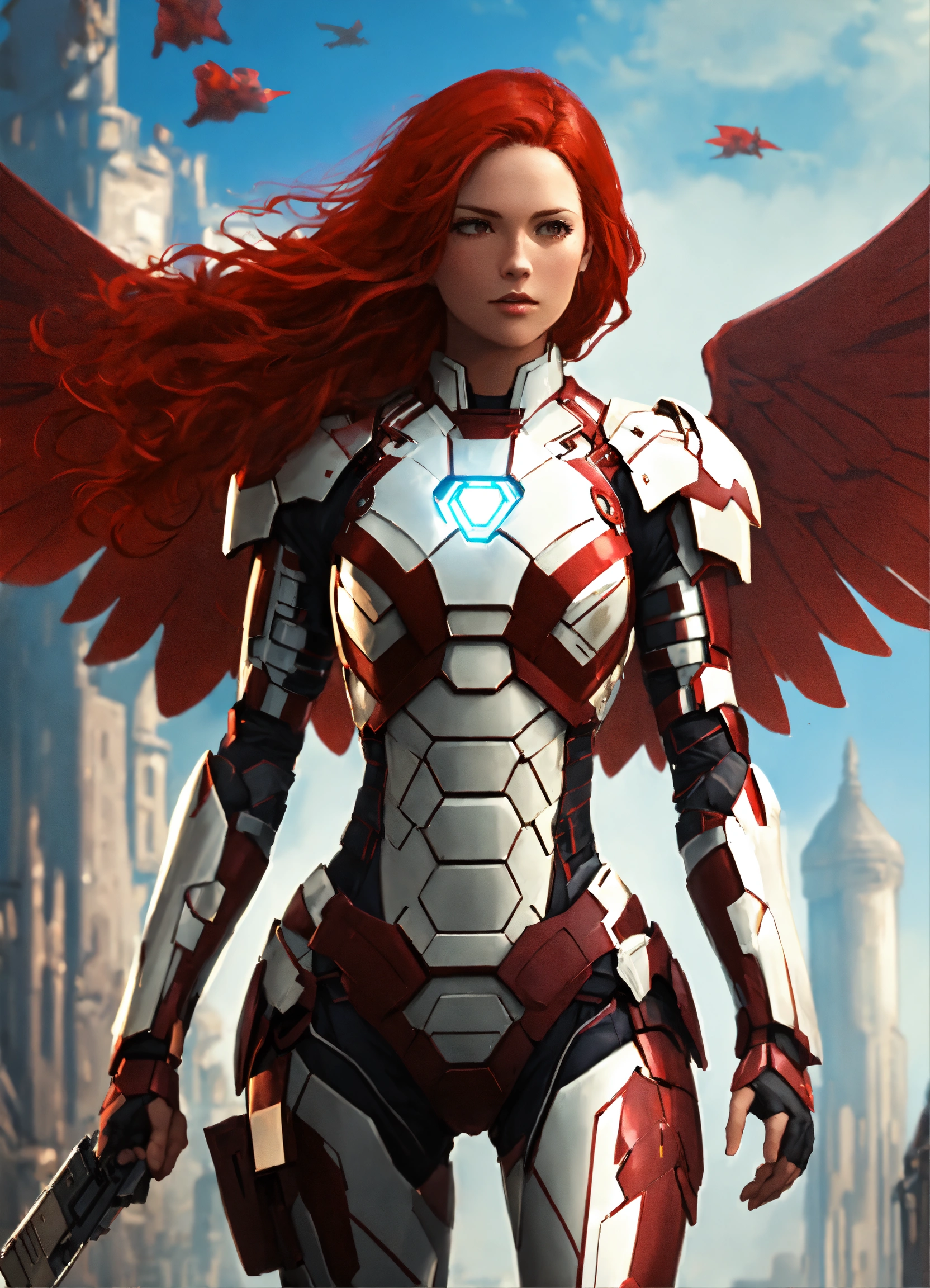 Lexica - Female athletic red hair wearing white Iron Man armor with red ...