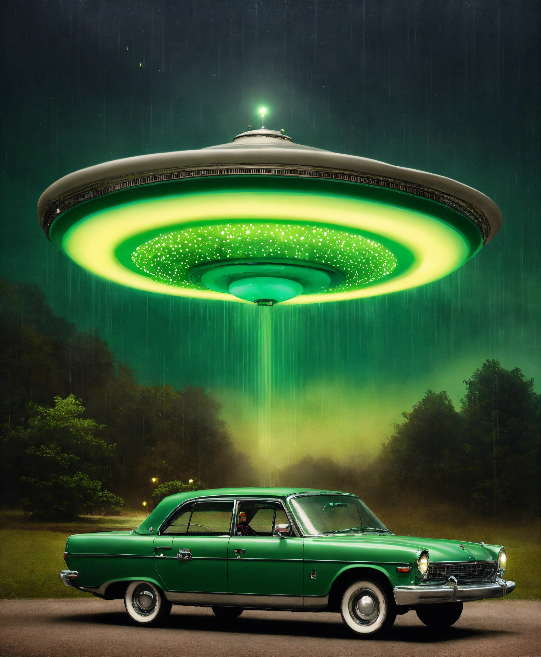 Lexica - A surreal UFO abducts a car whit a big green light , rain ...