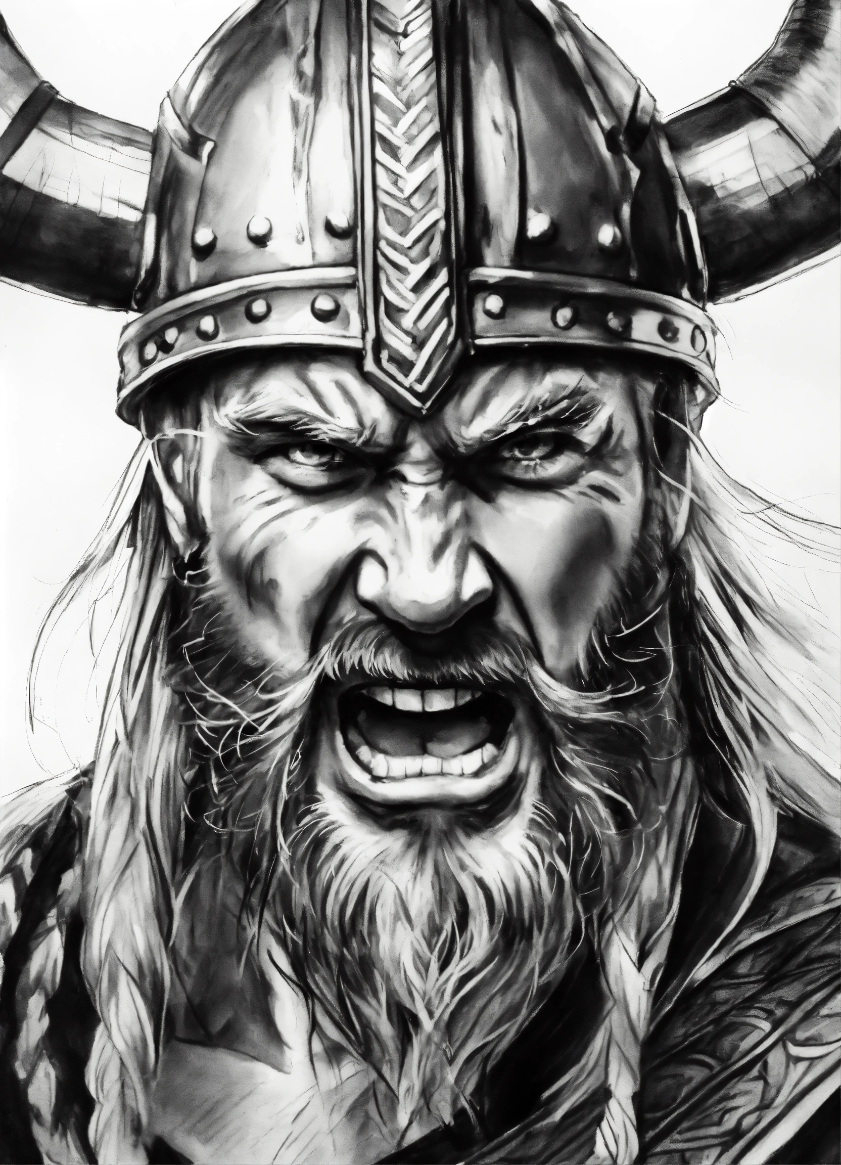 Lexica - Sketch a realistic full headshot viking screaming on white paper.