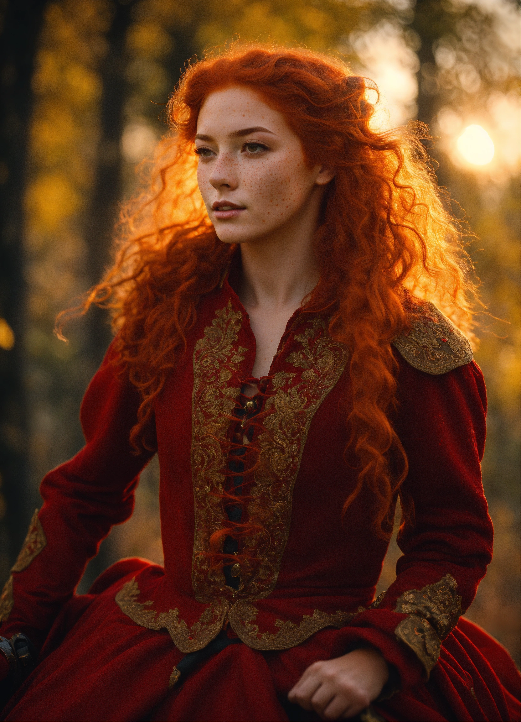 Lexica - Medium shot, Bright, ultra red-haired, with freckles. the sun ...