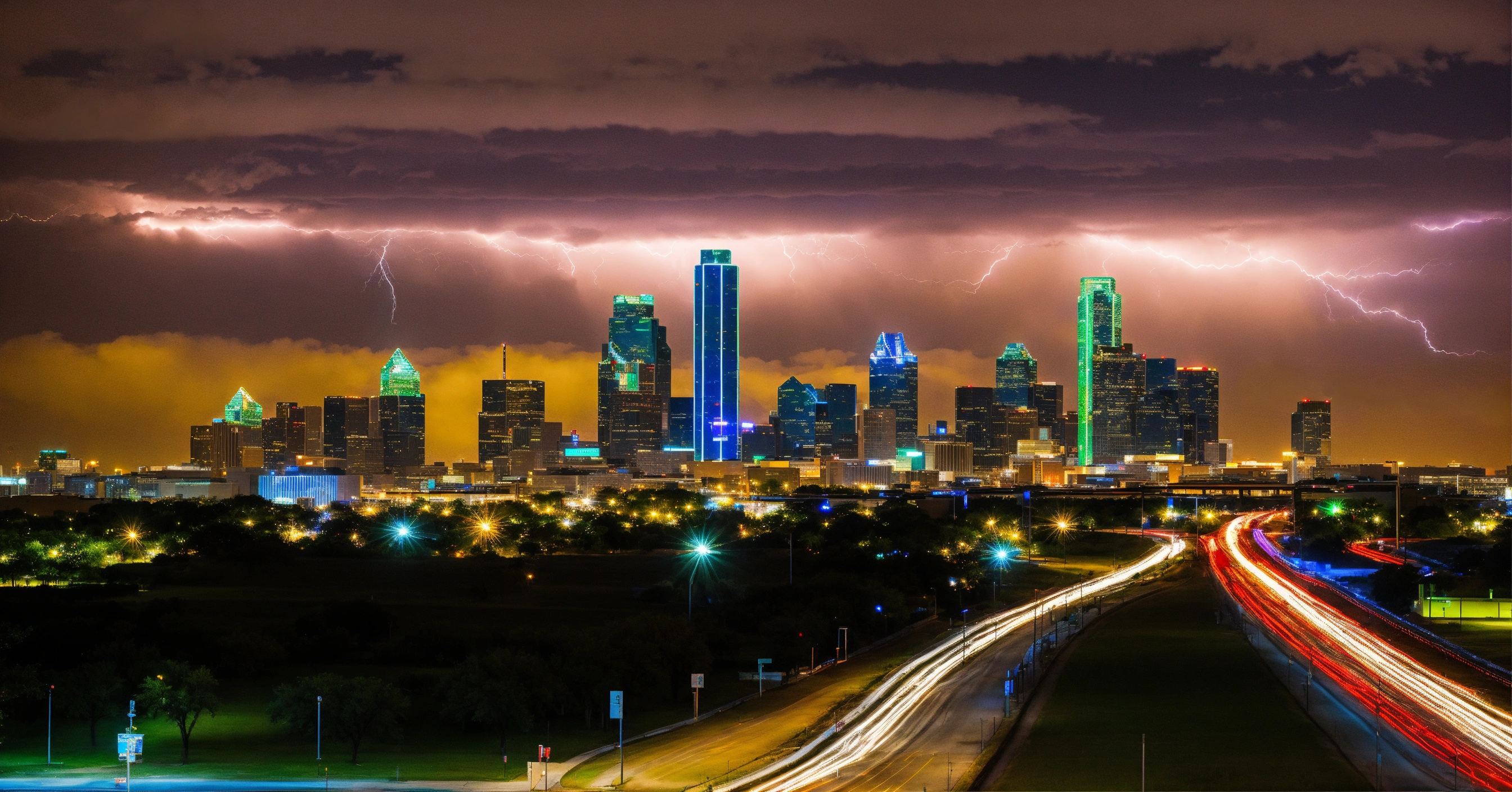 Lexica - Night photography of lighted downtown Dallas Texas Skyline ...