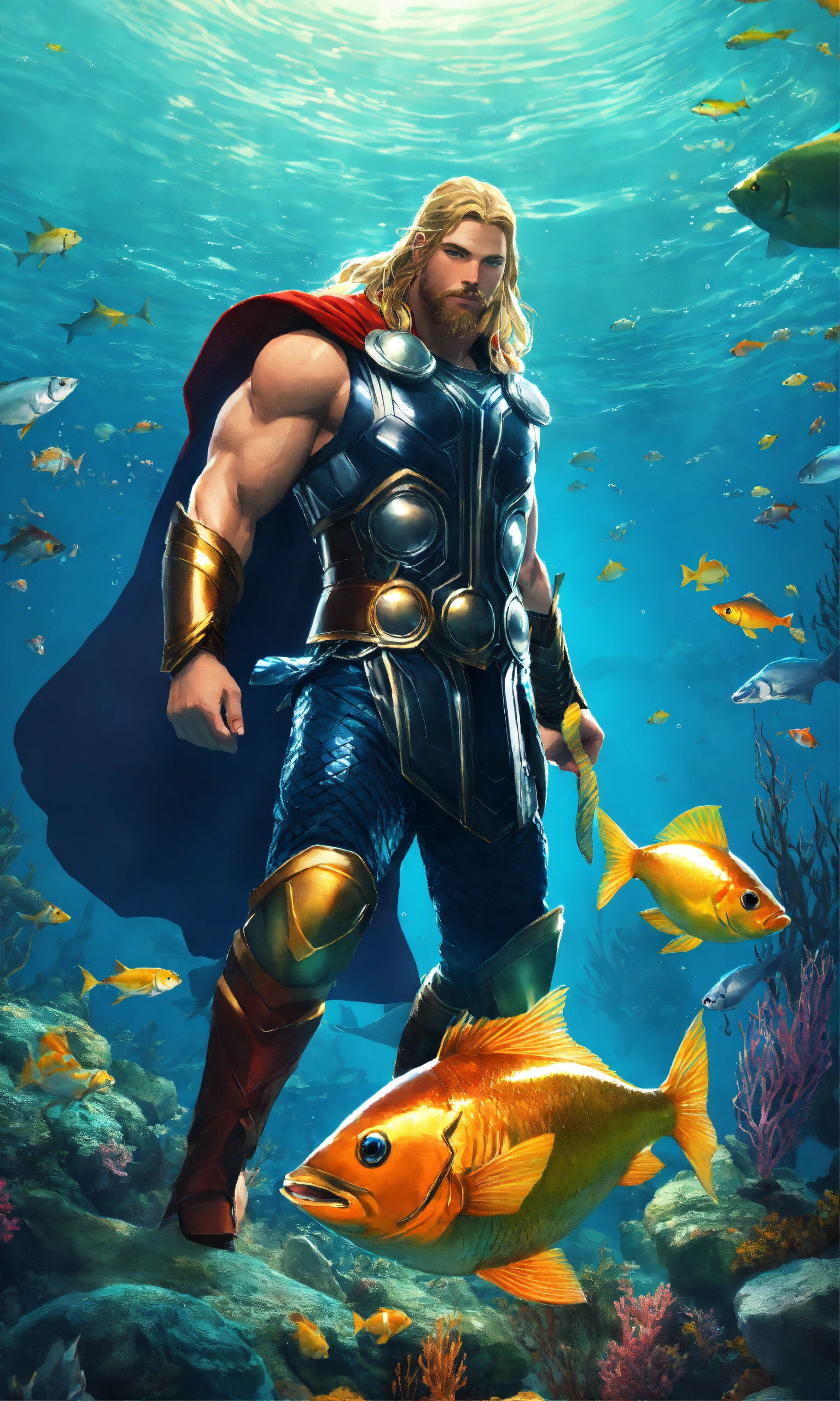 Lexica - Thor with fish underwater in the ocean, nature background, 2D ...