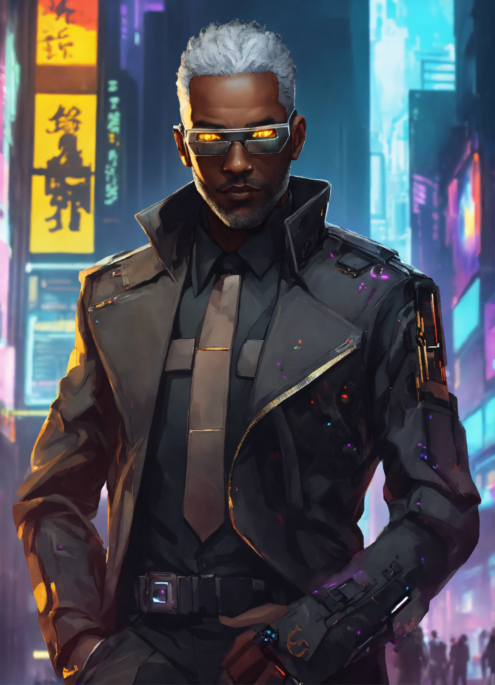 Lexica - A black secret agent with grey hair and cybernetic eyes ...