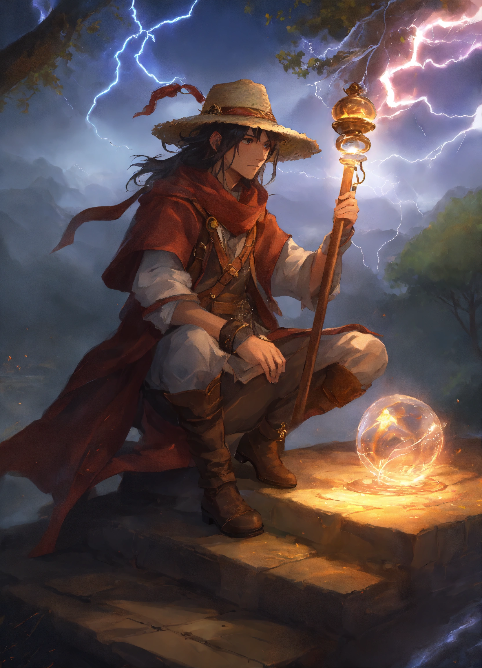 Lexica - Lightning alchemist in a mythical realm theme, dnd, straw hat ...