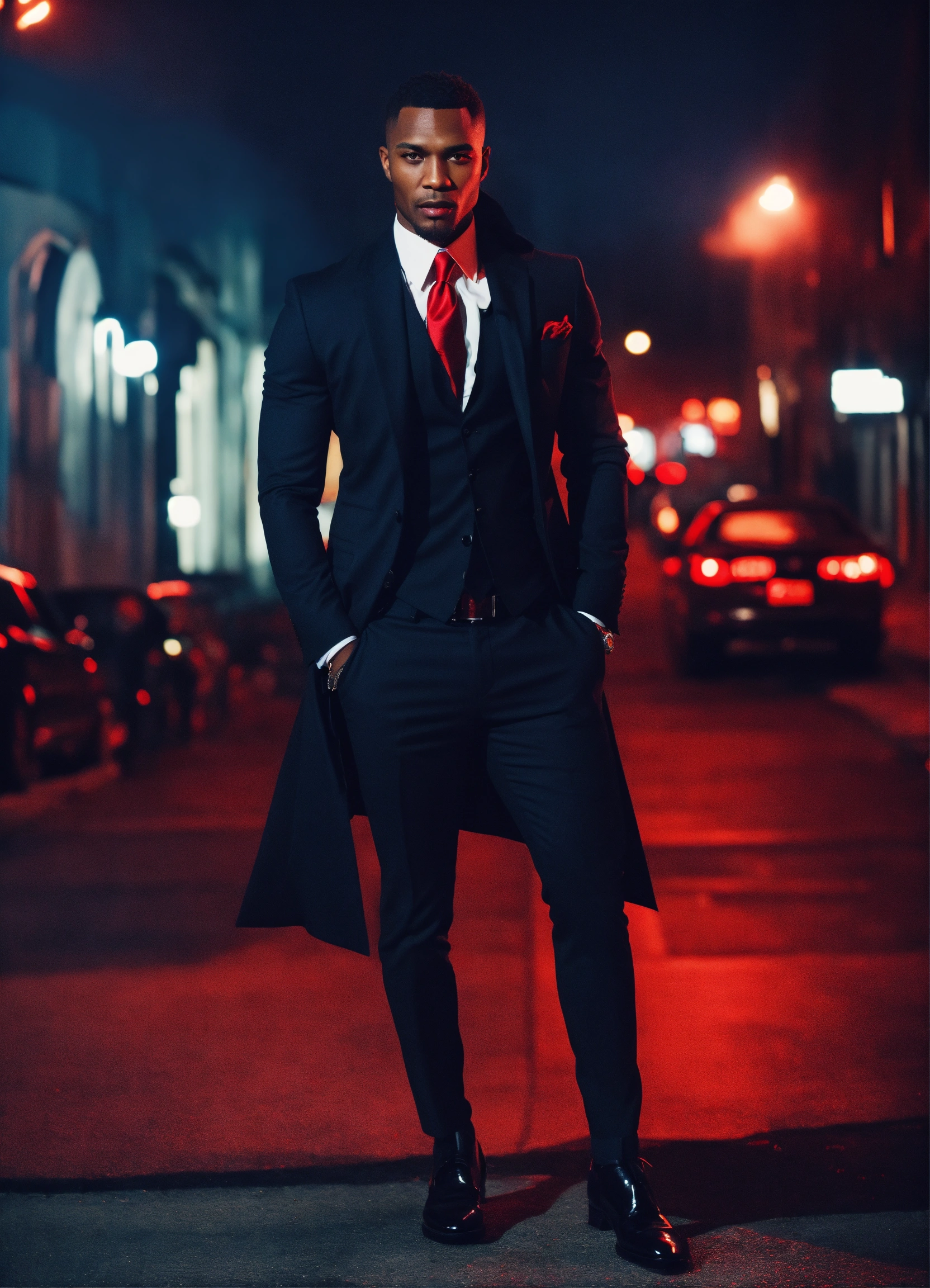 Lexica - Handsome black man, vampire with red eyes, black suit