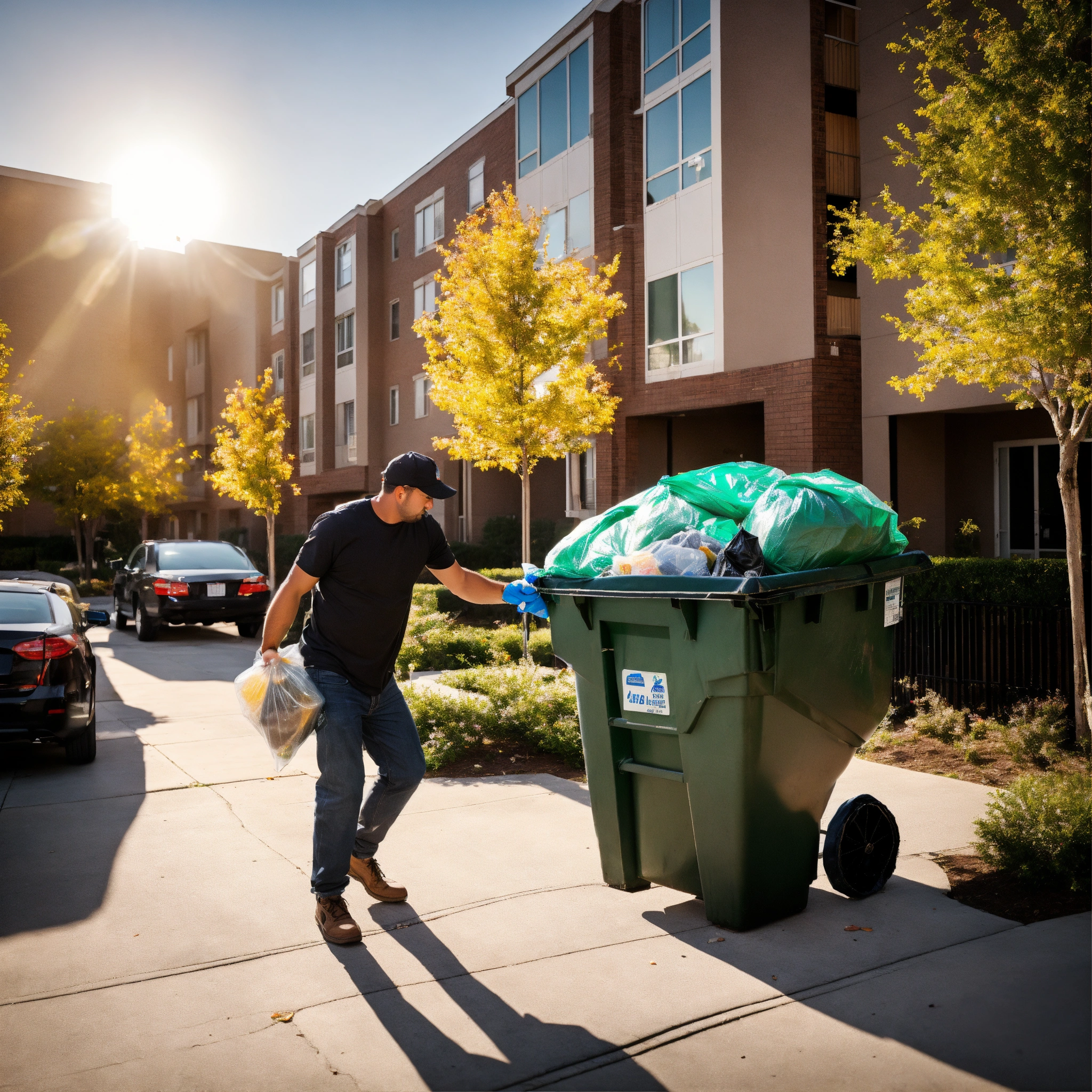 Lexica - A photo of a man taking a garbage bag out to a dumpster behind ...