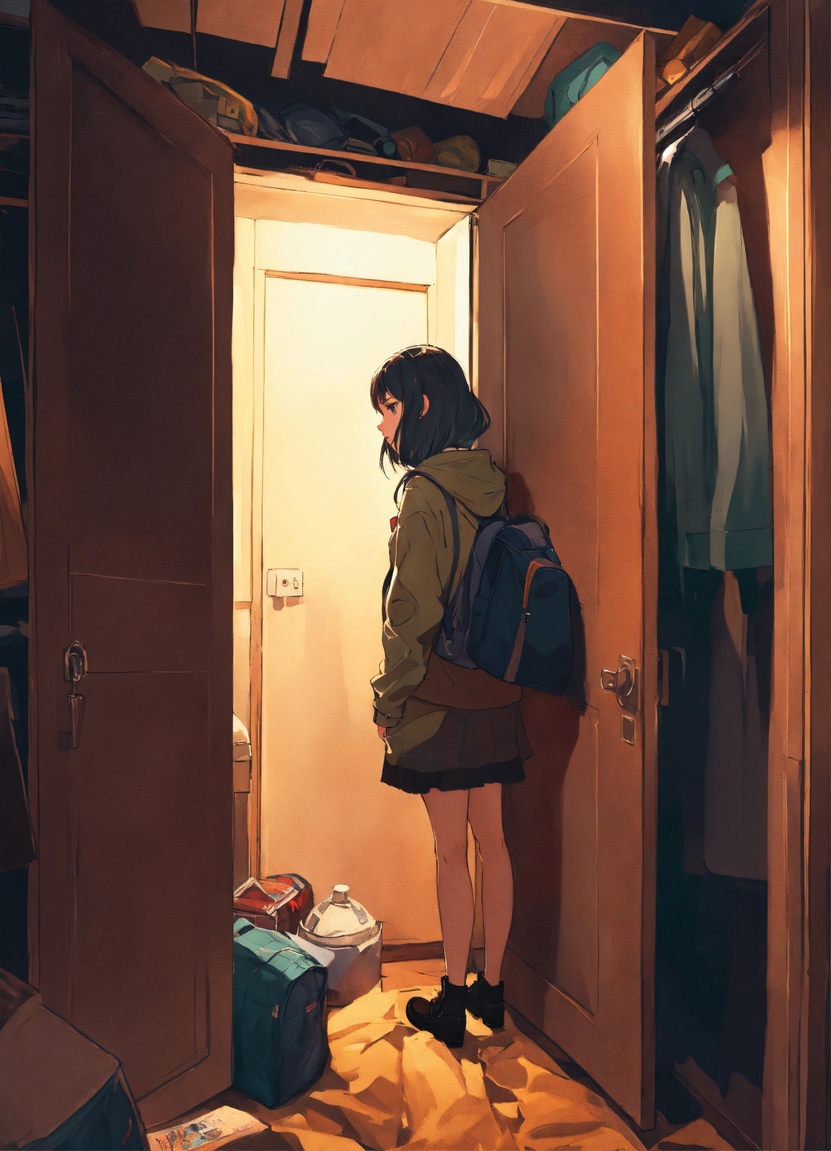 Lexica - Anime woman hiding in a small dark cramped closet, high angle ...