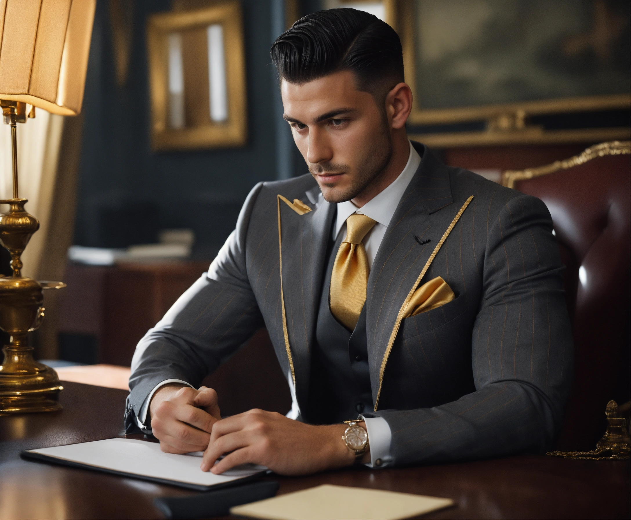 Lexica - A young Italian muscled gentleman in dark grey pinstripe suit, golden tie, pompadour ...