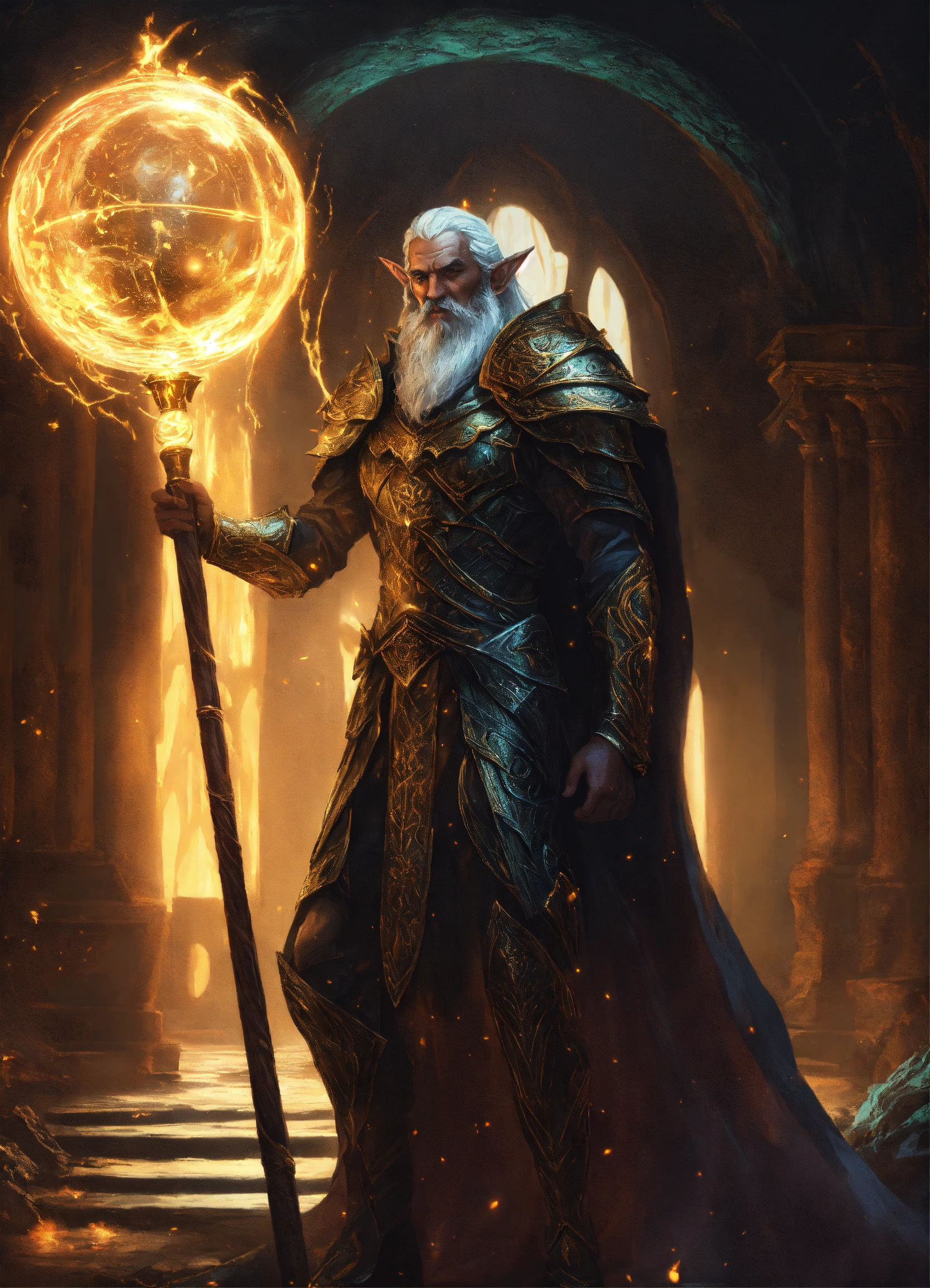 Lexica - Create a elder elf god in a heroic pose, holding a staff, back ...