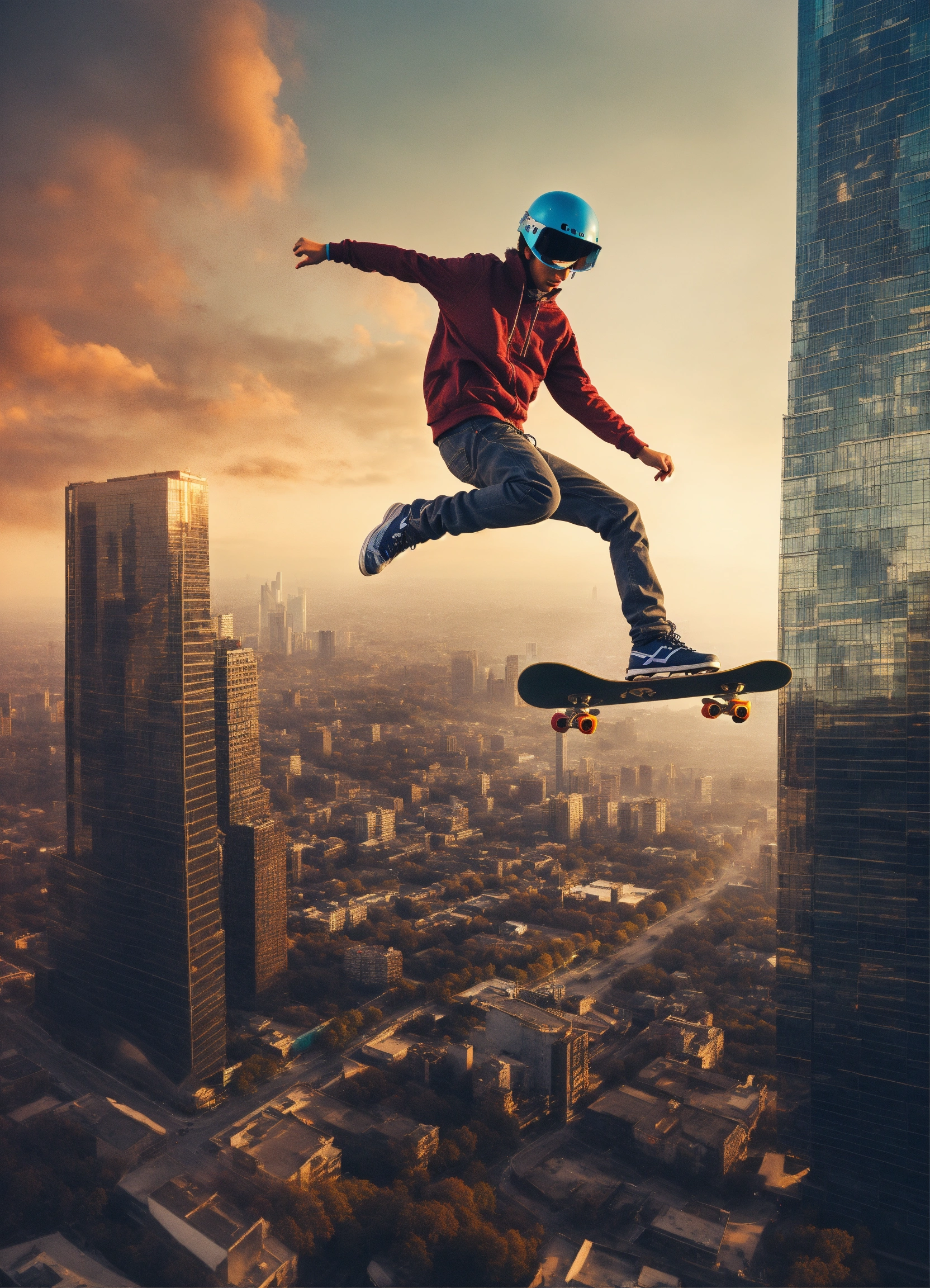 Lexica - Skateboarder jumping over a skyscraper in a futuristic cityscape