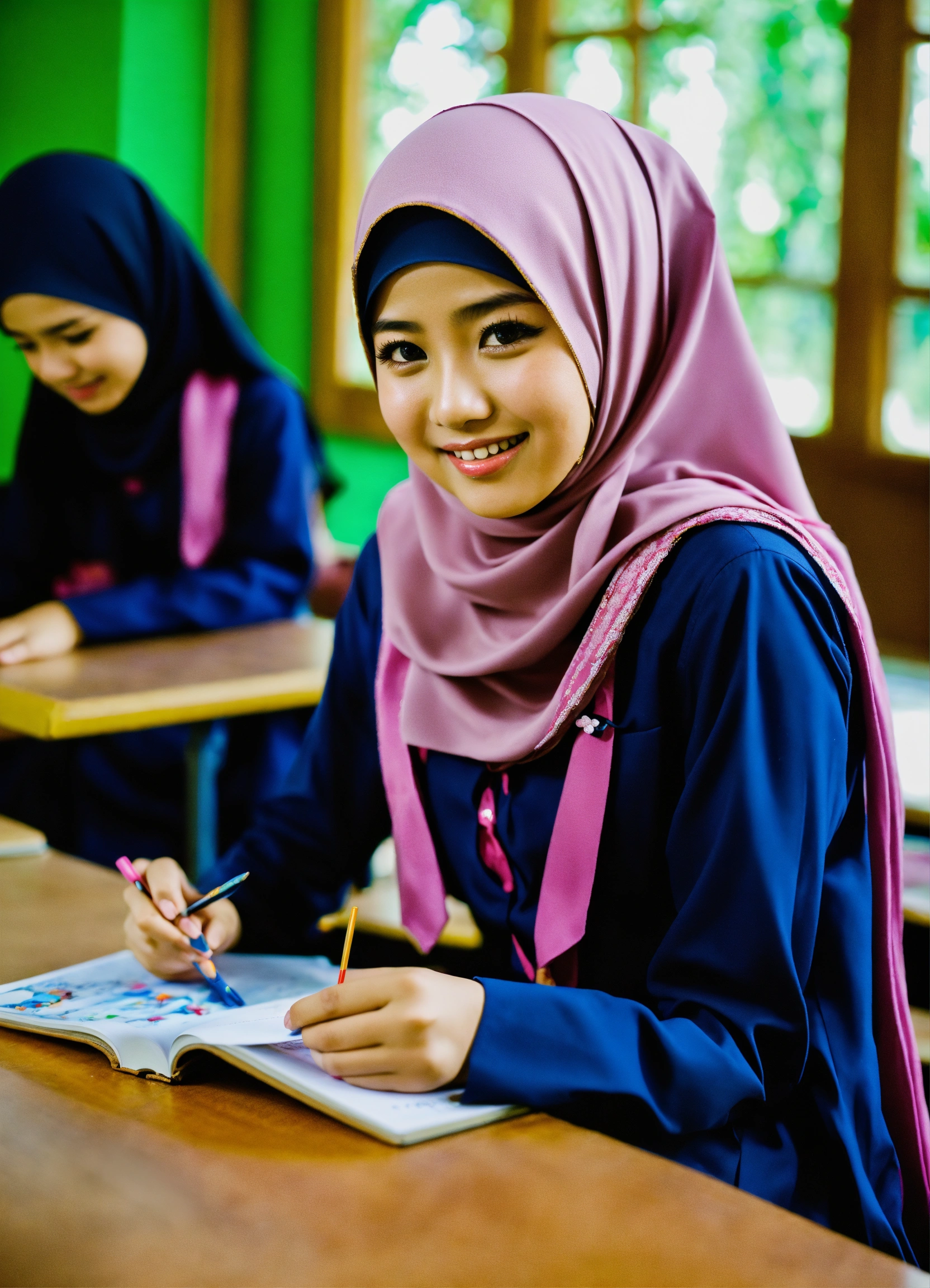 Lexica - Niji style muslimah school girl, playful in class room with ...