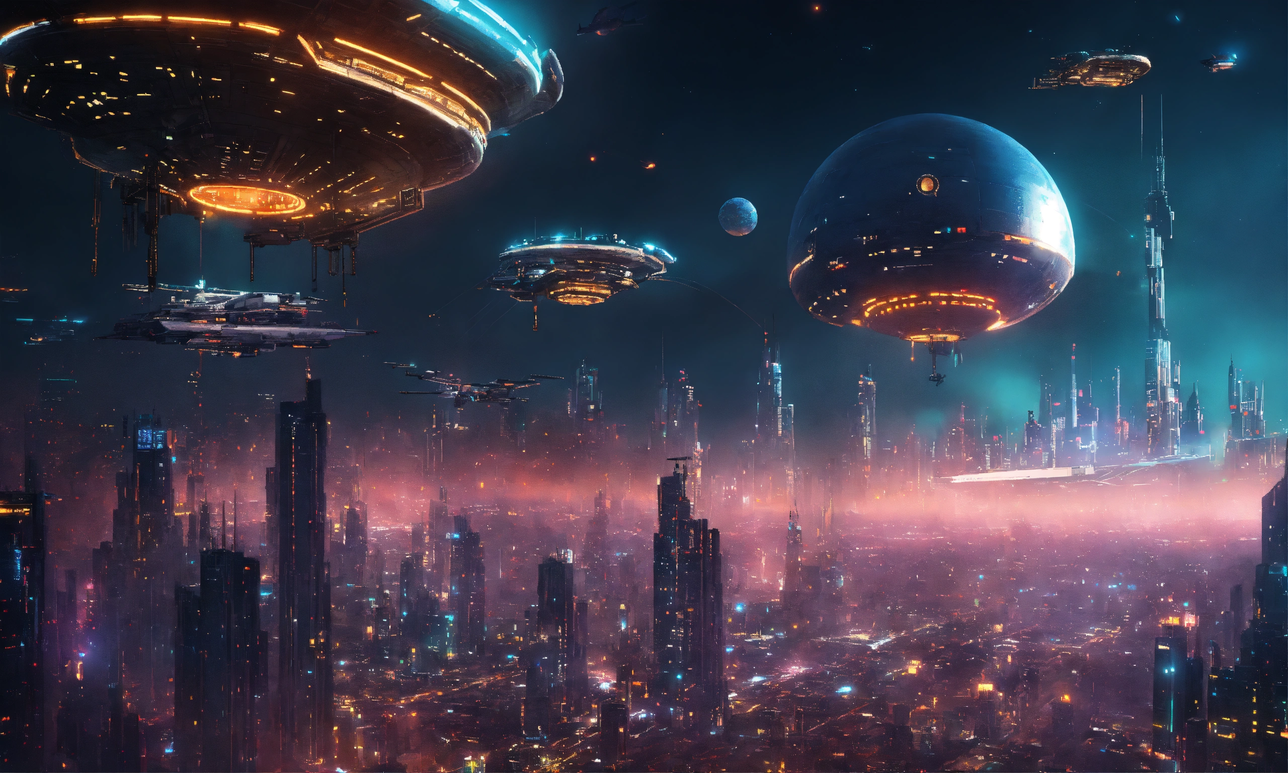 Lexica - Cyberpunk city with spacecraft flying in the night sky, ultra ...