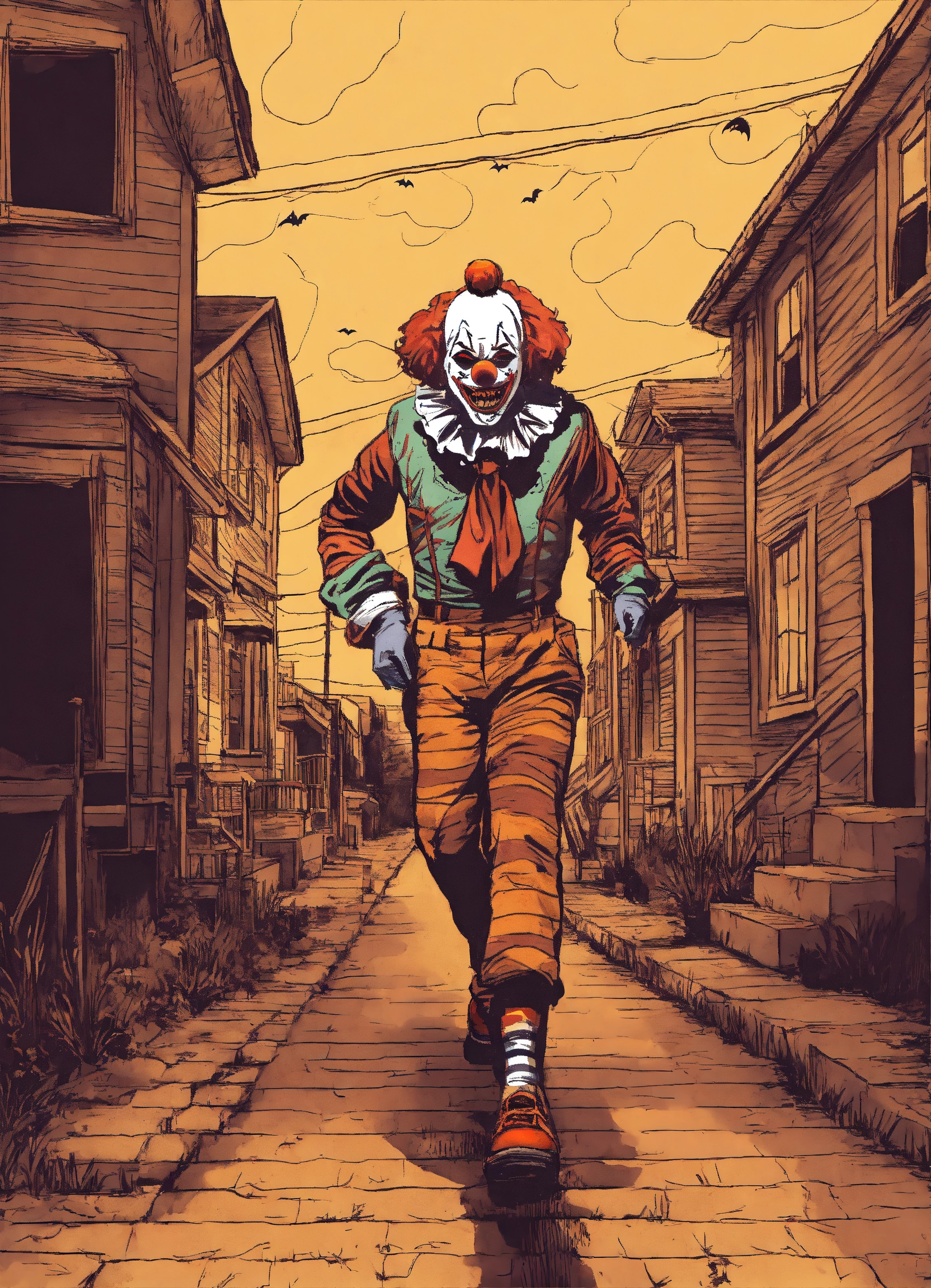 Lexica - Killer clown, halloween shirt, low color contrast, chasing a ...