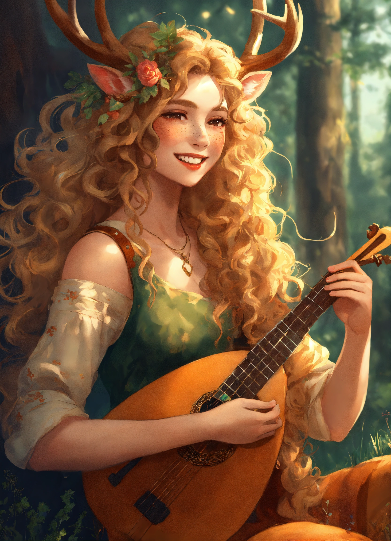 Lexica - Faun girl, long blond wild curly hair, smile, antlers, deer ...