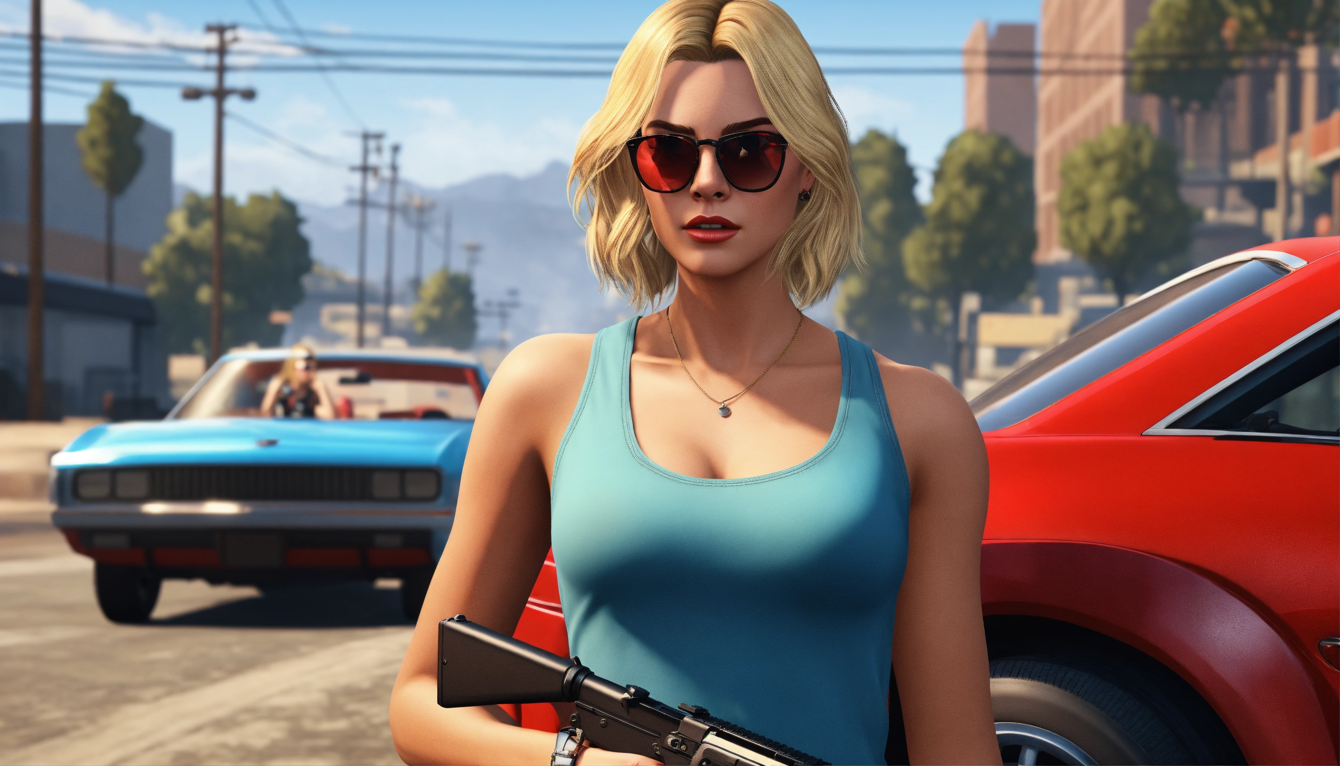 Lexica - GTA Style, blonde woman with a gun, in the background they are ...