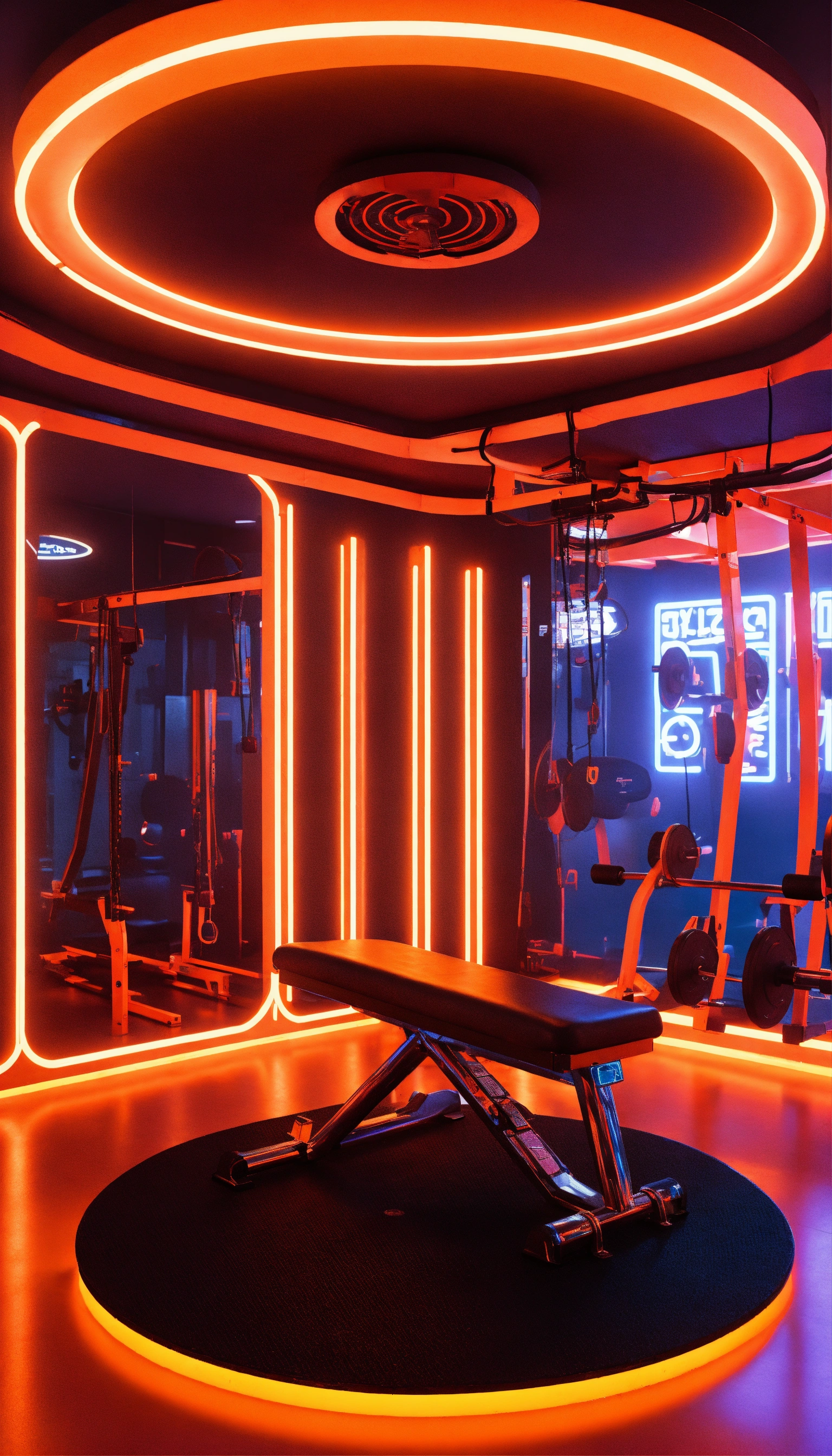 Lexica - Gym interior with bench press in a cyberpunk futuristic orange ...