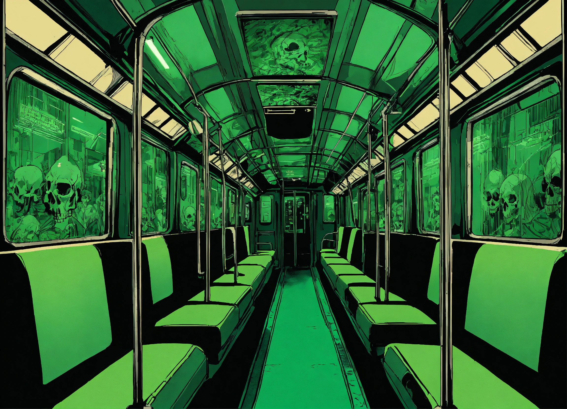 Lexica - Create a comic cartoon poster depicting an eerie subway ride ...