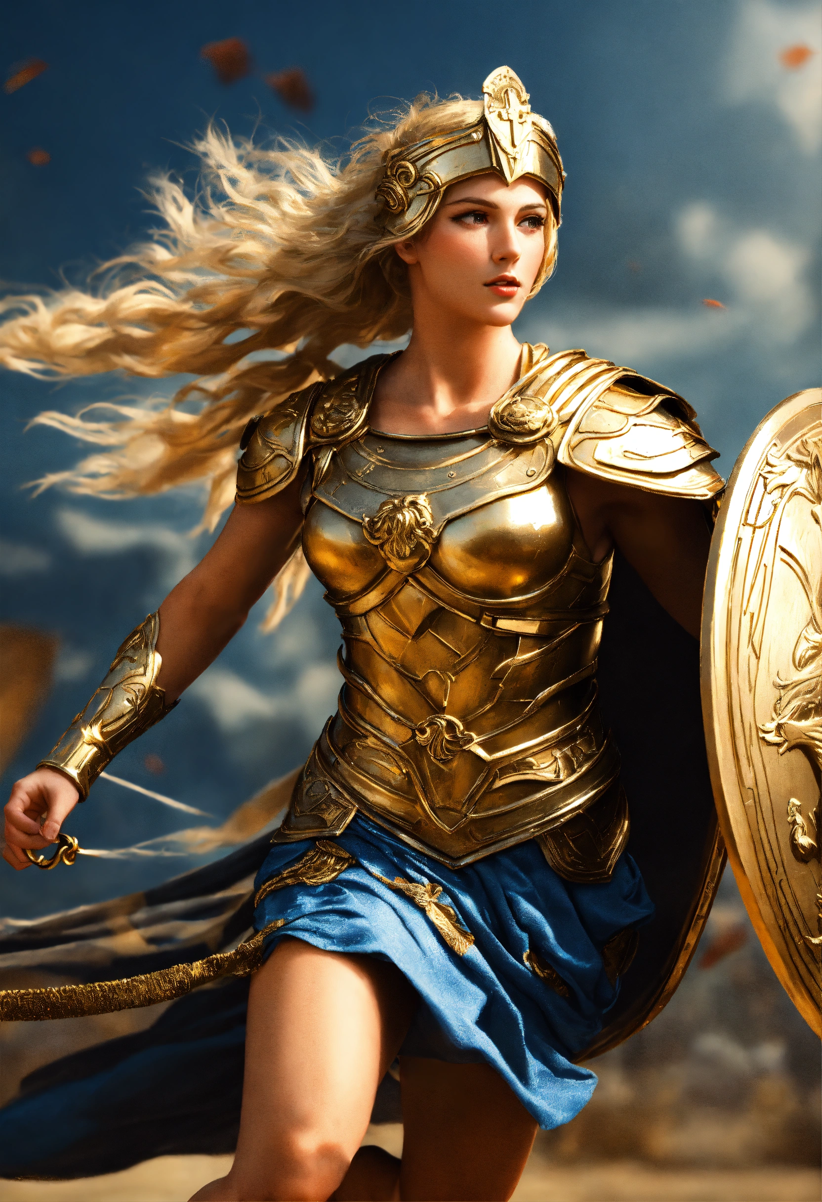 Lexica - Full body Greek goddess Athena with blonde hair, running ...
