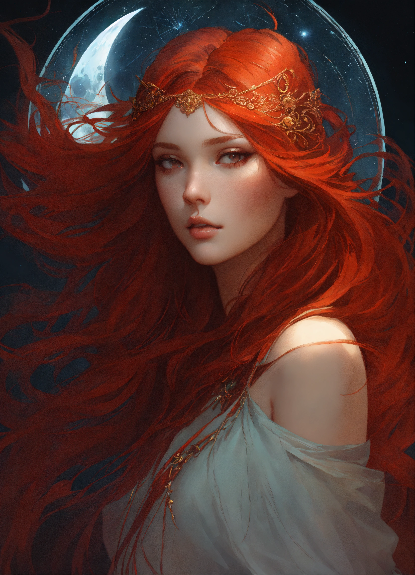 Lexica - Beautiful, red hair, psychic, long hair, mysterious moonlit ...