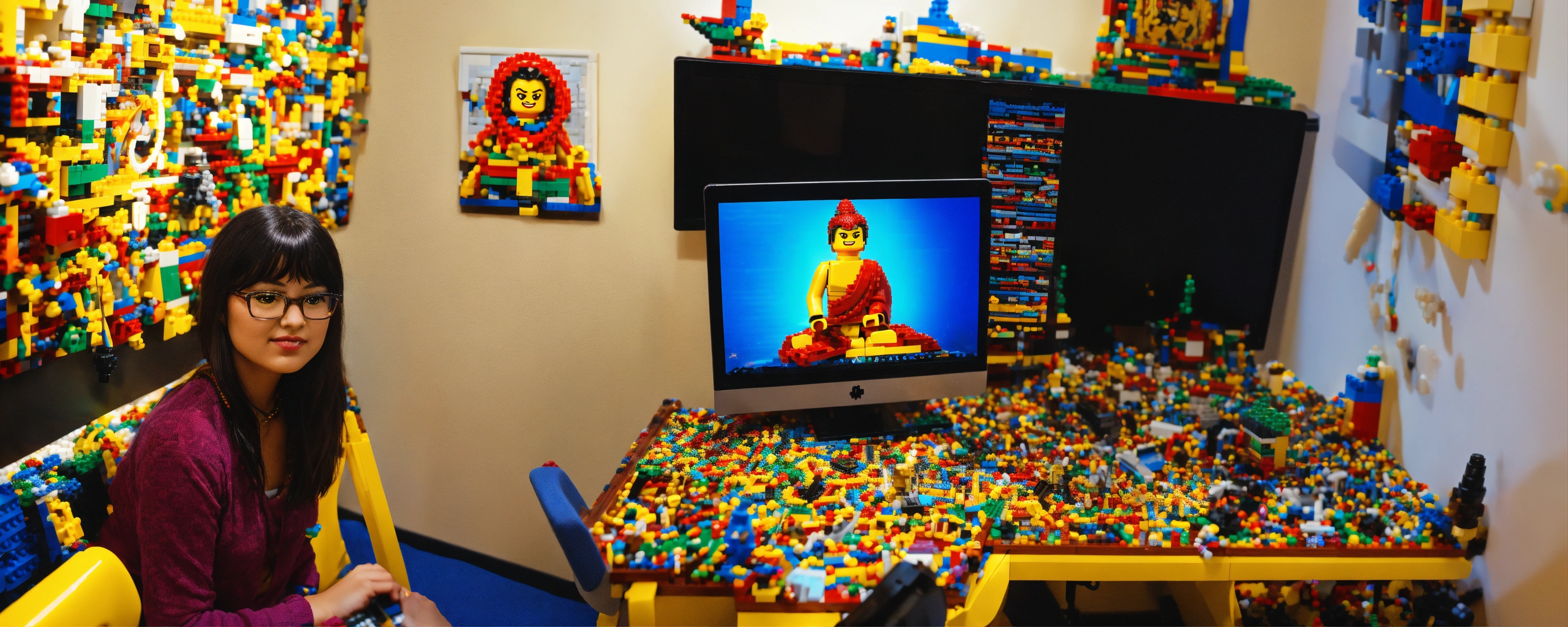 Lexica - Lego setup An office, with a female 'Lego person' working on ...