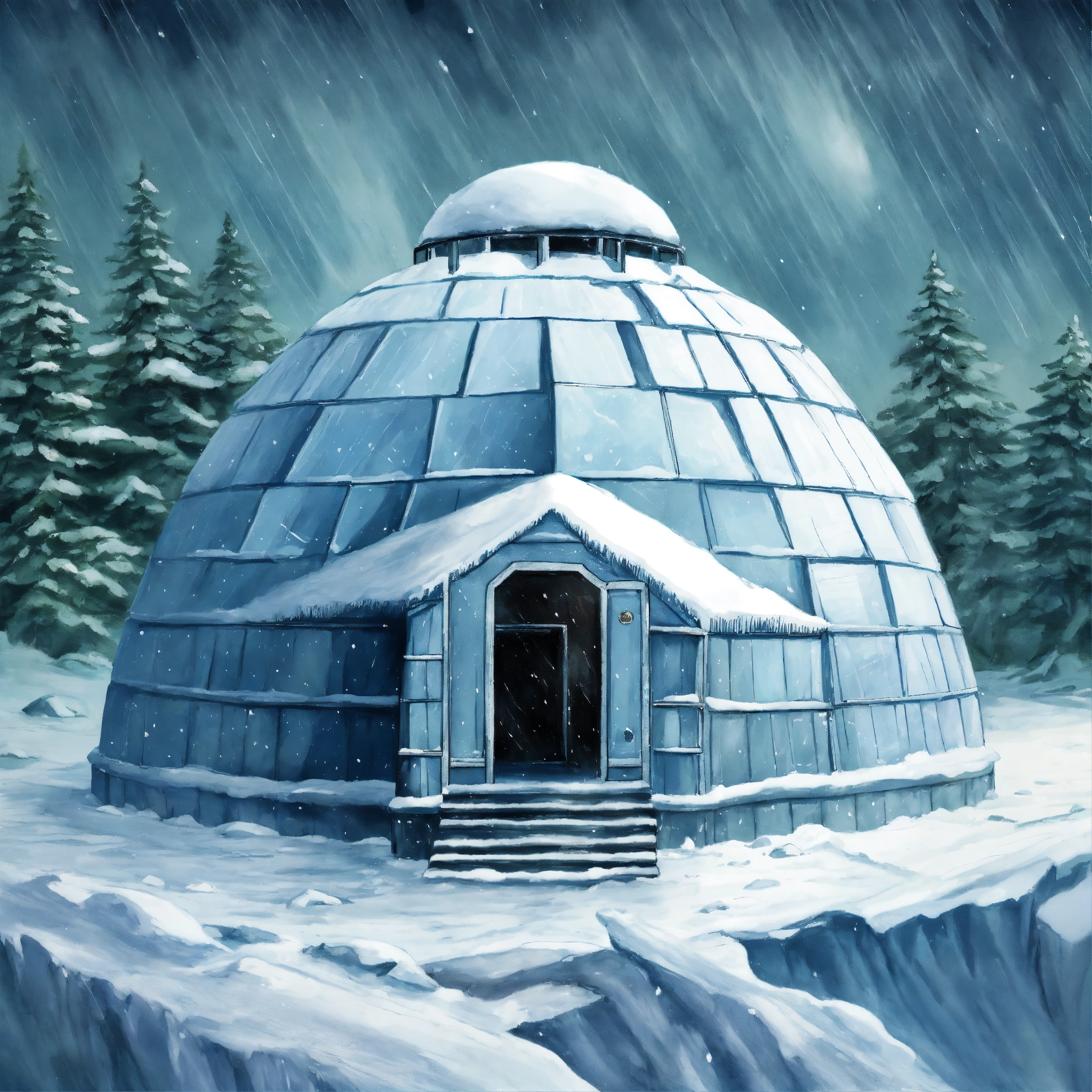 Lexica - A detailed illustration of a igloo on a floating iceberg in a ...