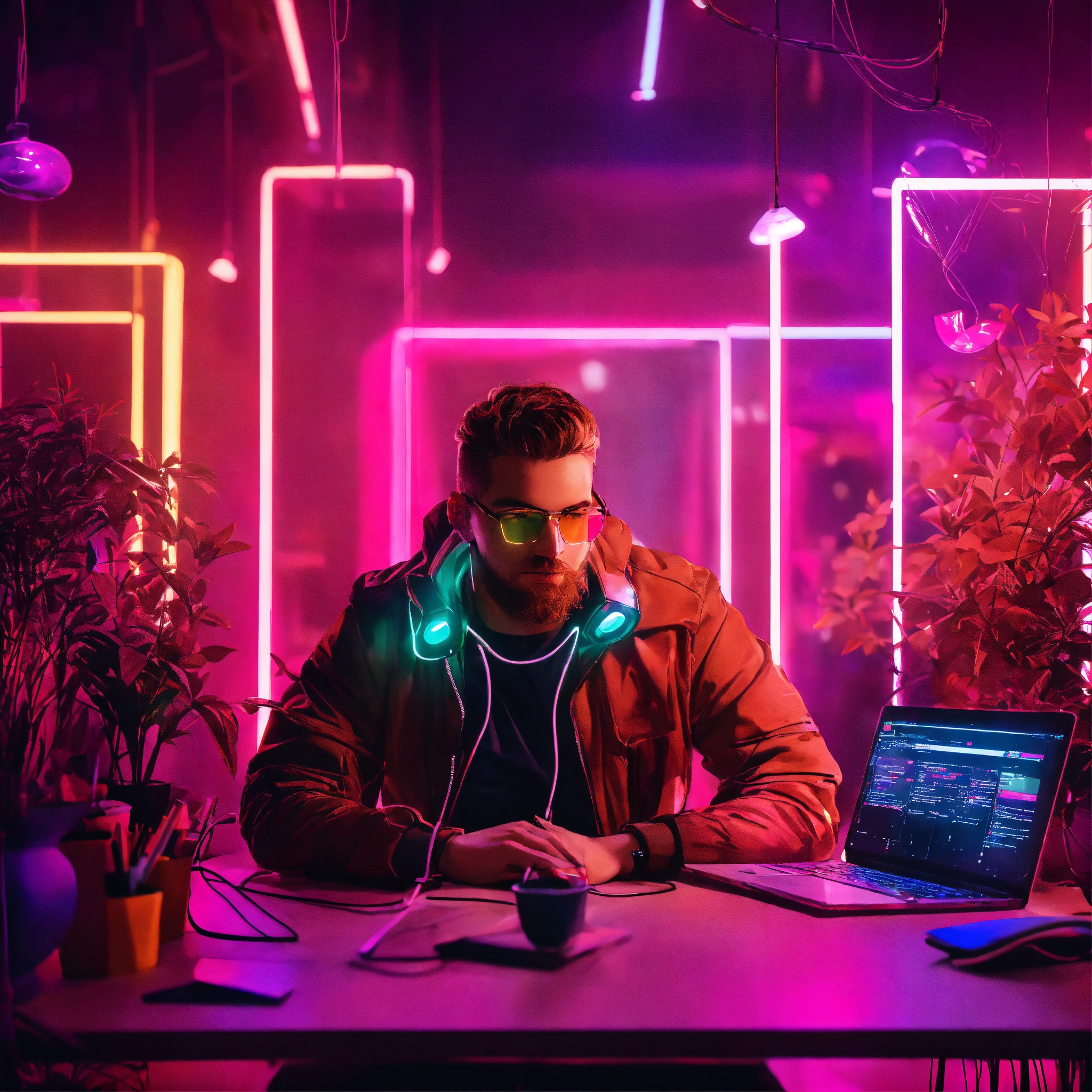 Lexica - A big team web developer in an environment with neon lights