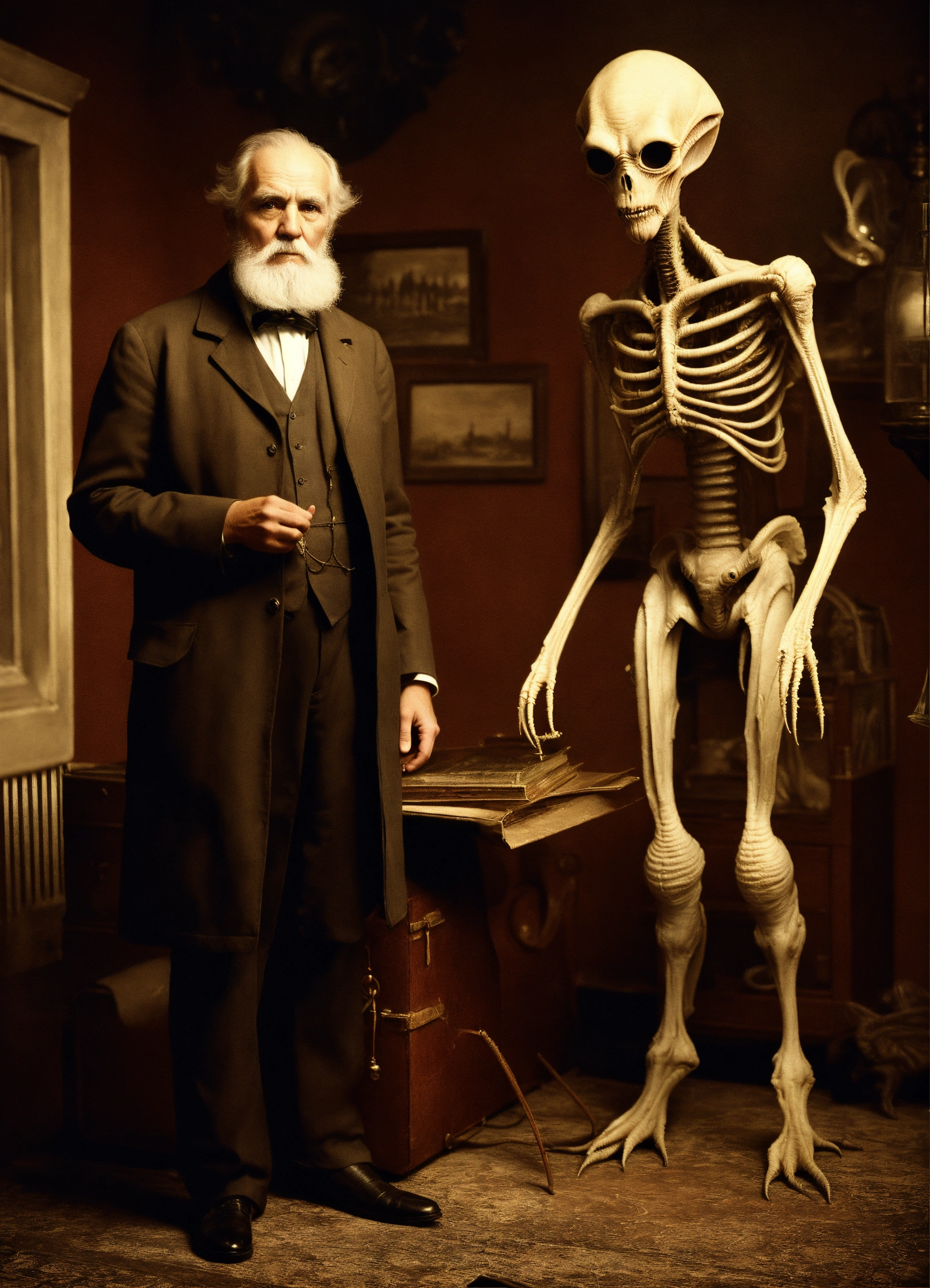 Lexica - Old man scienctist standing next to an alien creature, in the ...