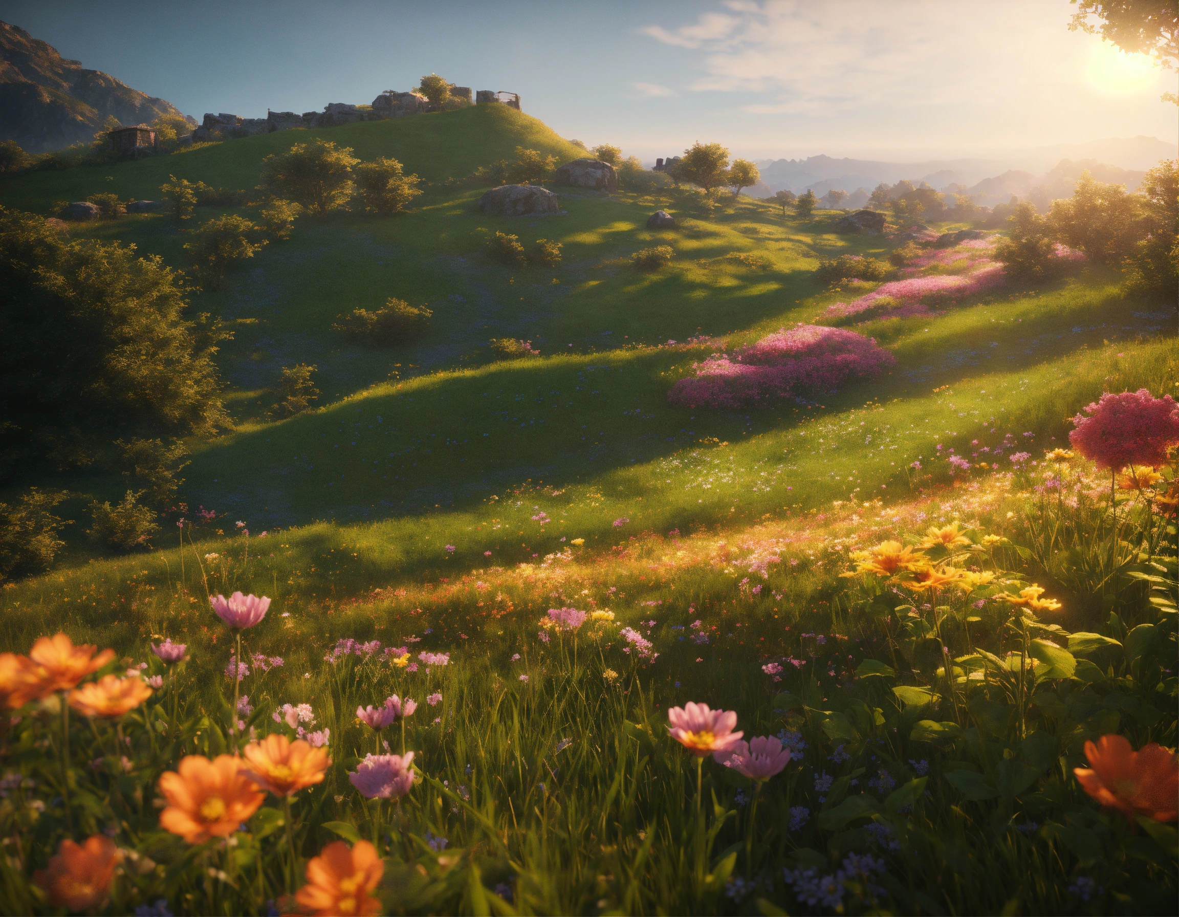 Lexica - Daylight, Grassy field, flowers, hill, realistic, unreal ...