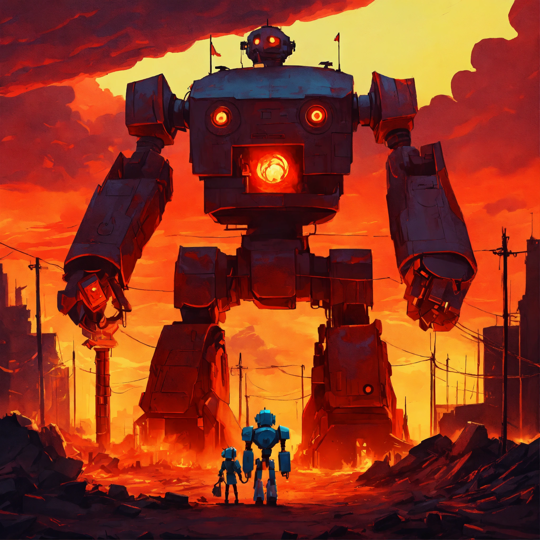 Lexica - Depict a cartoon-style landscape where two colossal robots ...
