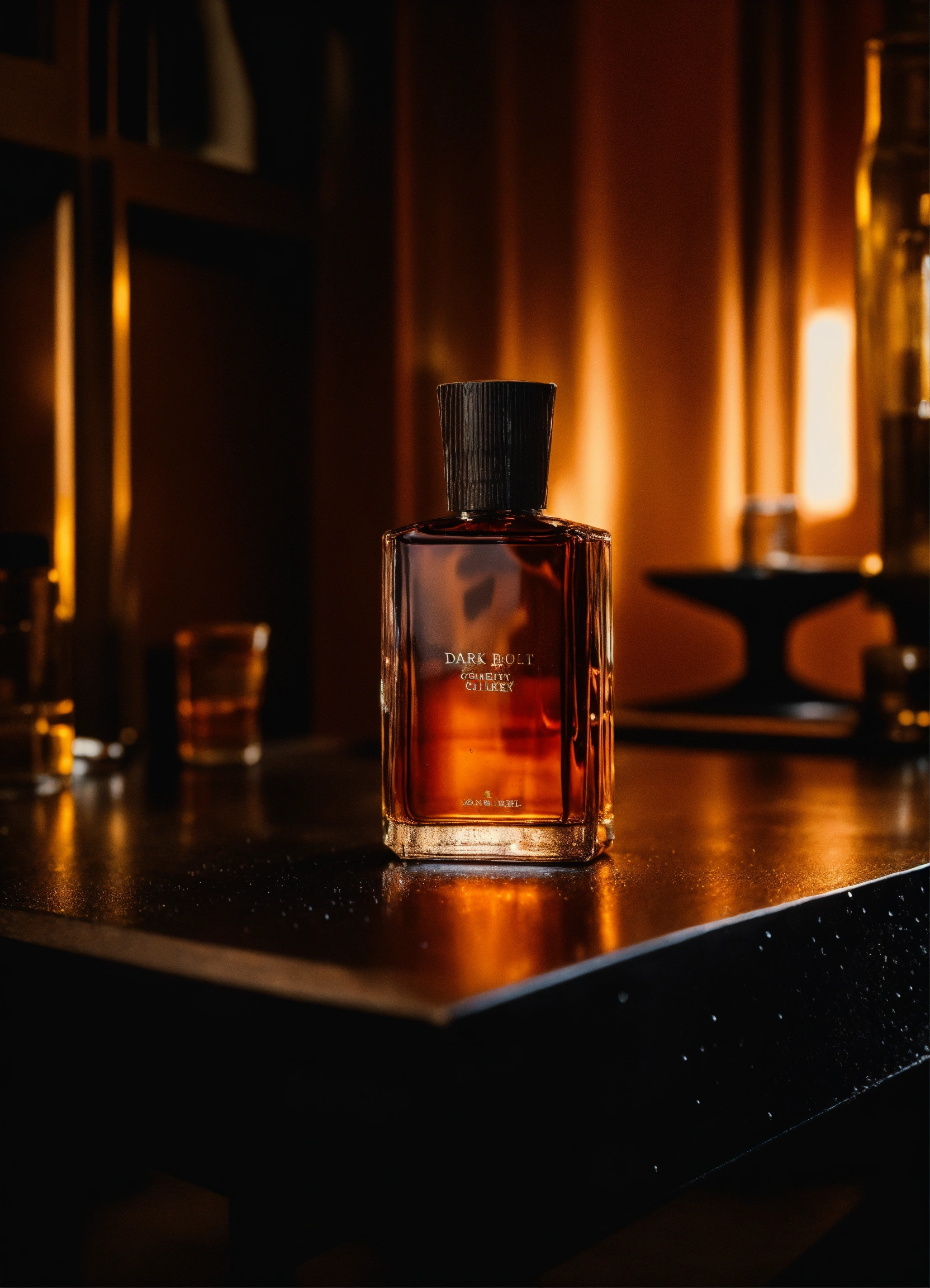Lexica - A dark amber sweaty cologne bottle with a dark box in a dark ...