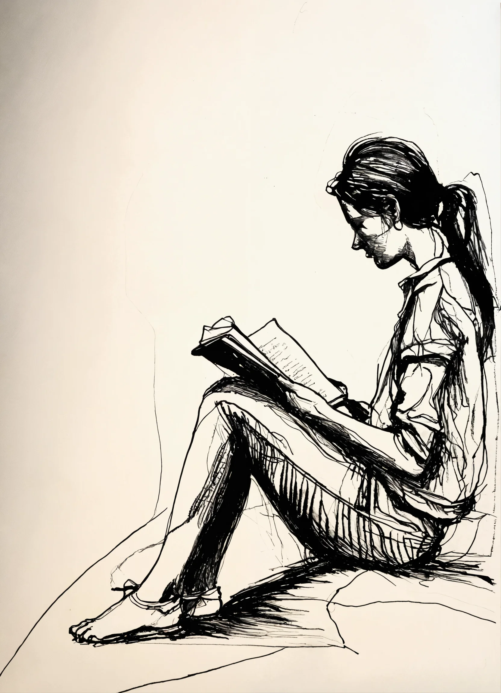 Lexica - Beautiful pen and ink sketch of a young woman reading ...