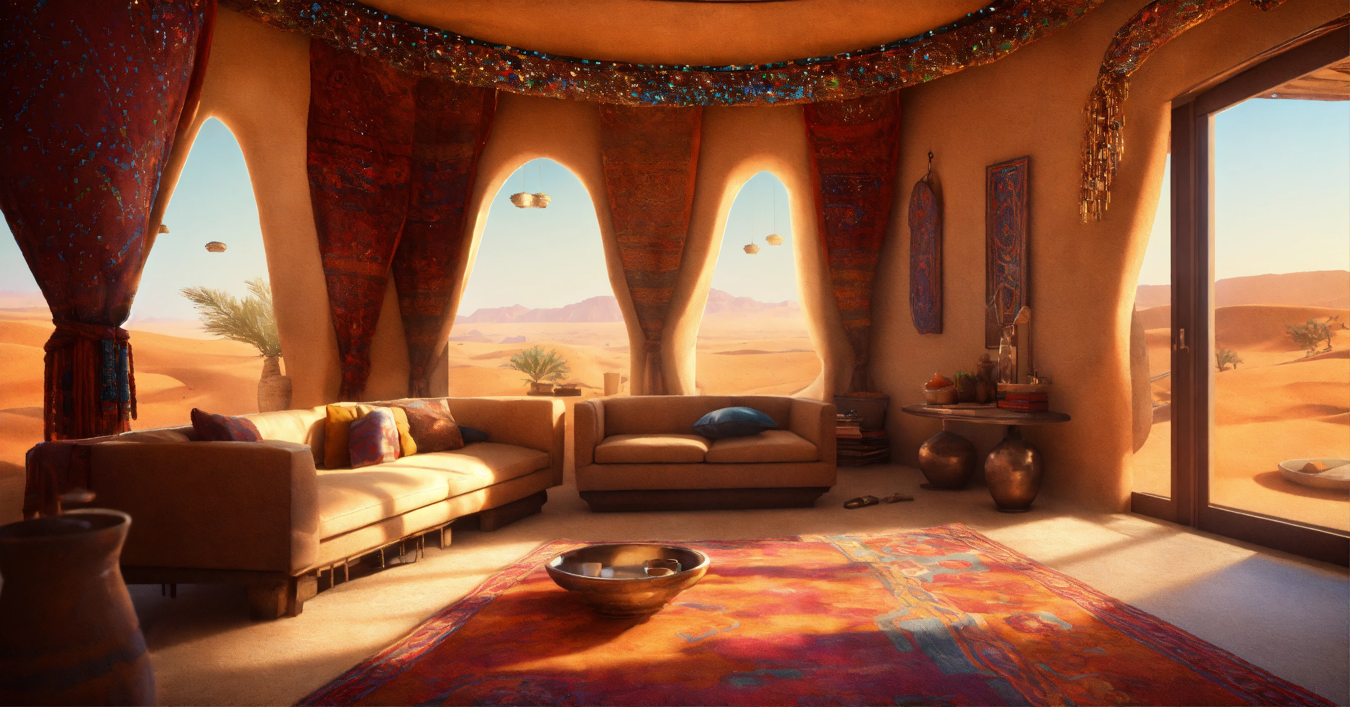 Lexica - Concept art of a large desert home living room, jakku, desert ...