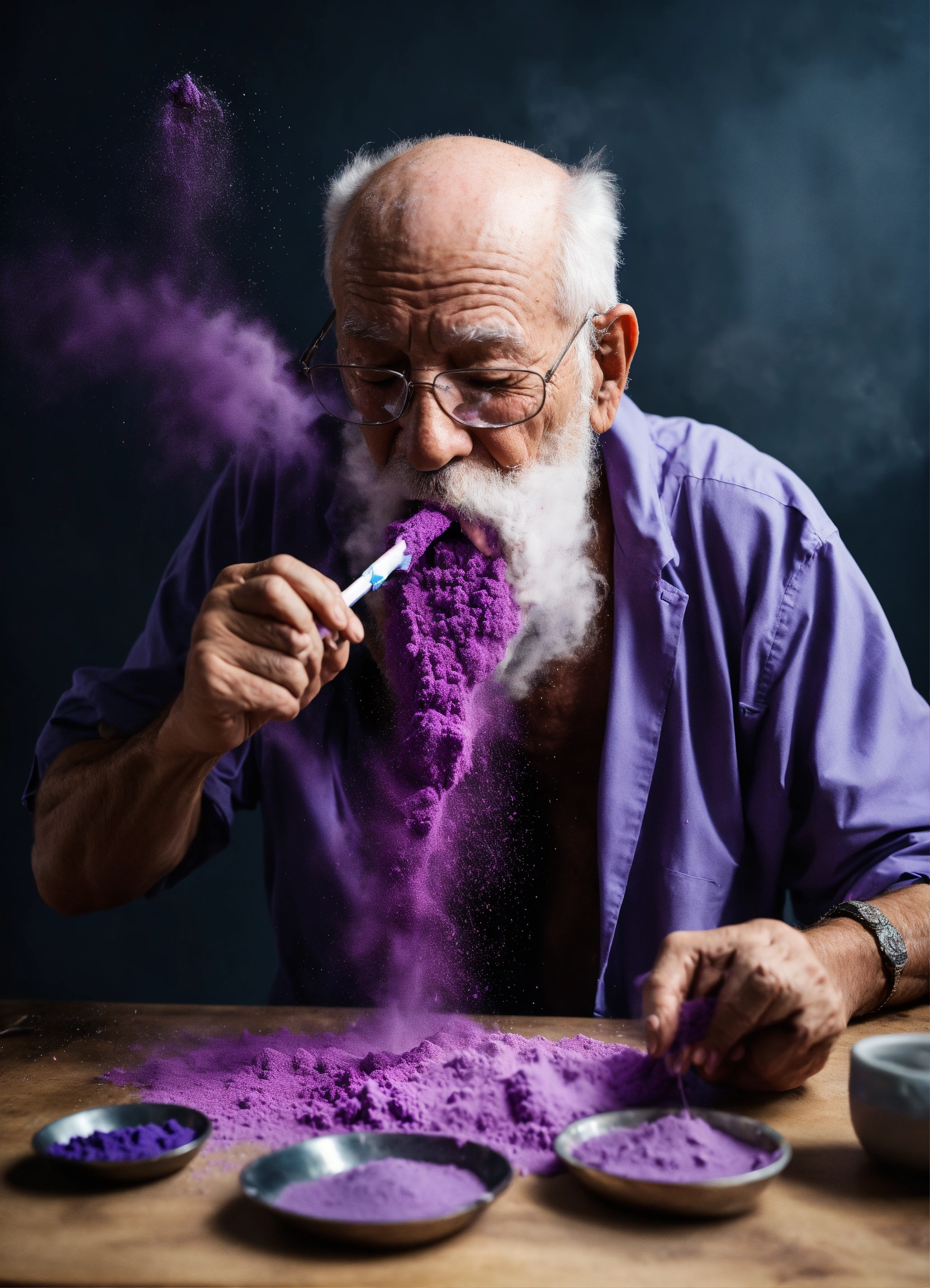 Lexica - A crazy grandpa snorting purple powder on a table