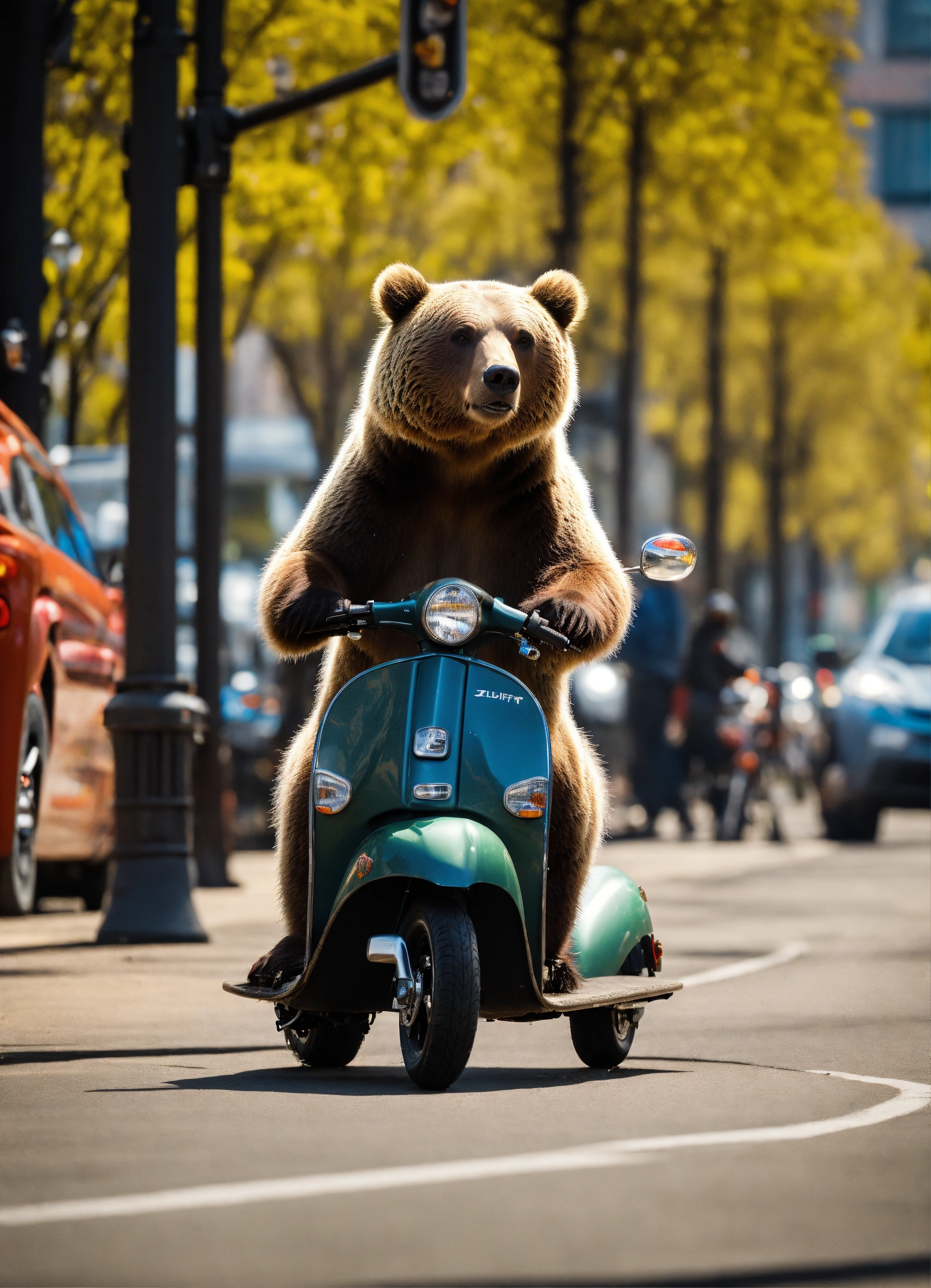 Lexica - Grizzly bear riding scooter, city, best quality, real picture ...