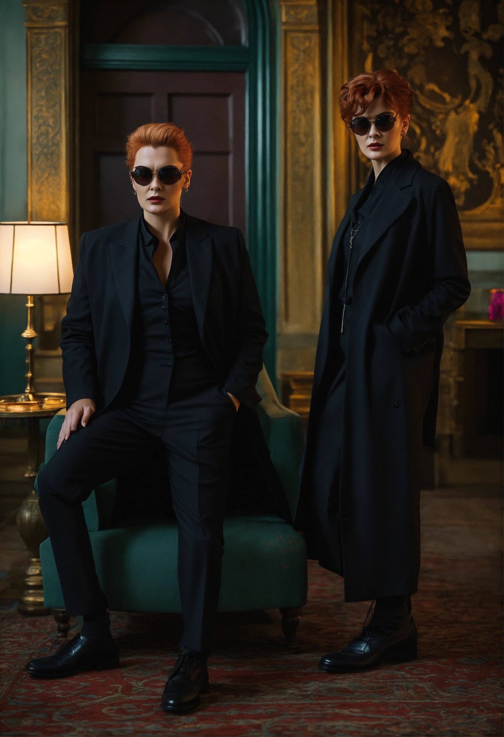 Lexica - Good omens as woman, female Crowley wearing black clothes suit