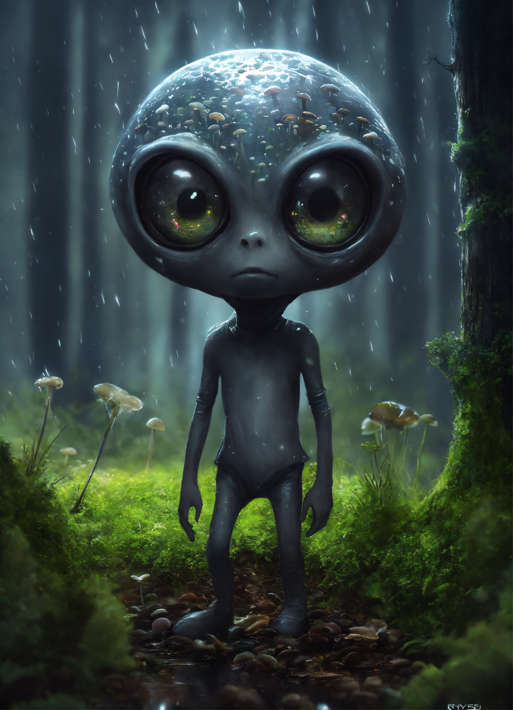 Lexica - A grey alien , big eyes blacks , like a globin, mushrooms ...