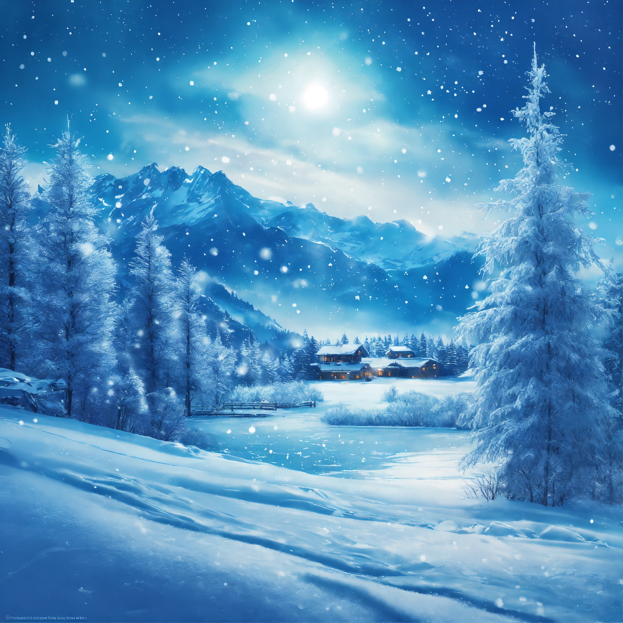 Lexica - Create a shining blue winter background with frozen scenery.