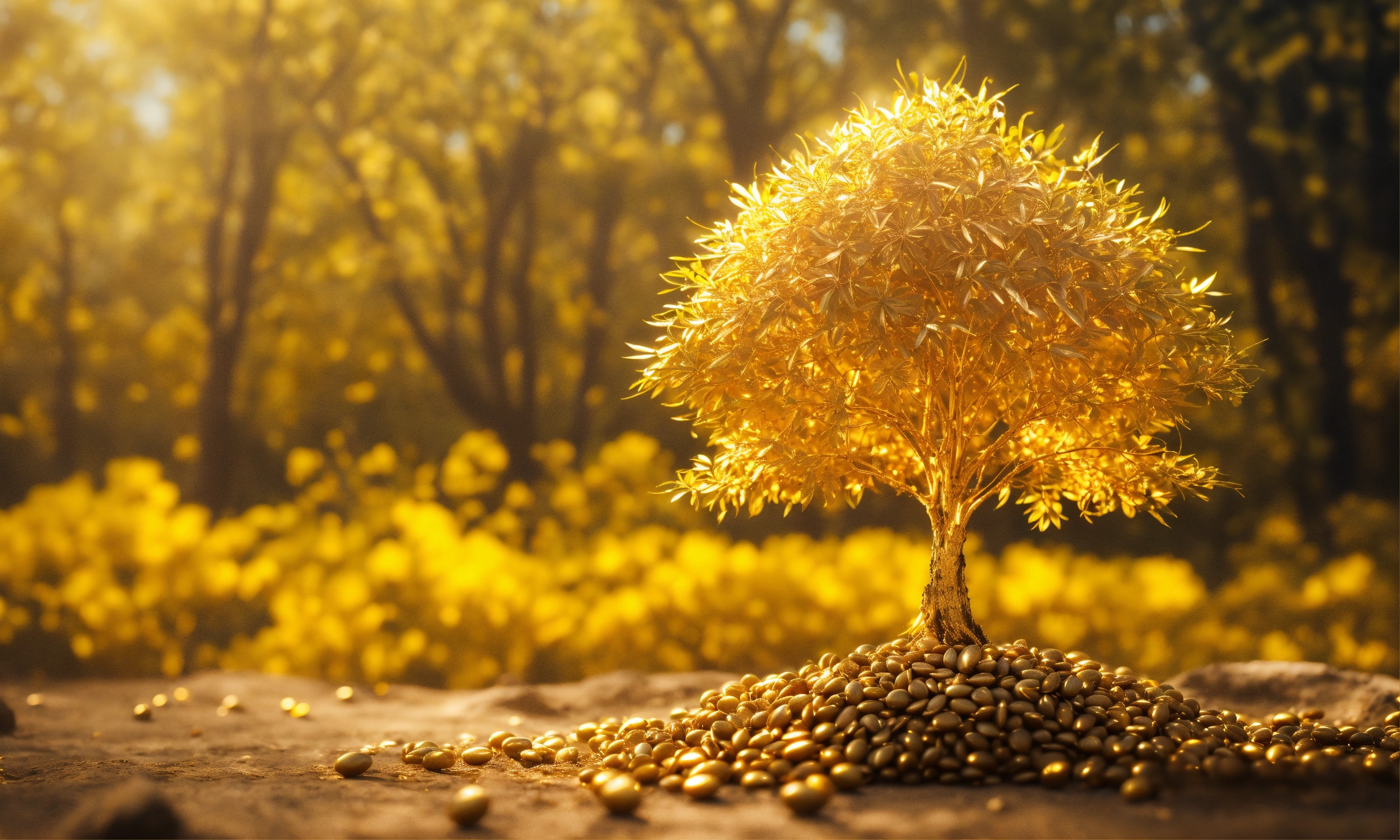 Lexica - A realistic photo of a golden seed that grows and becomes a ...