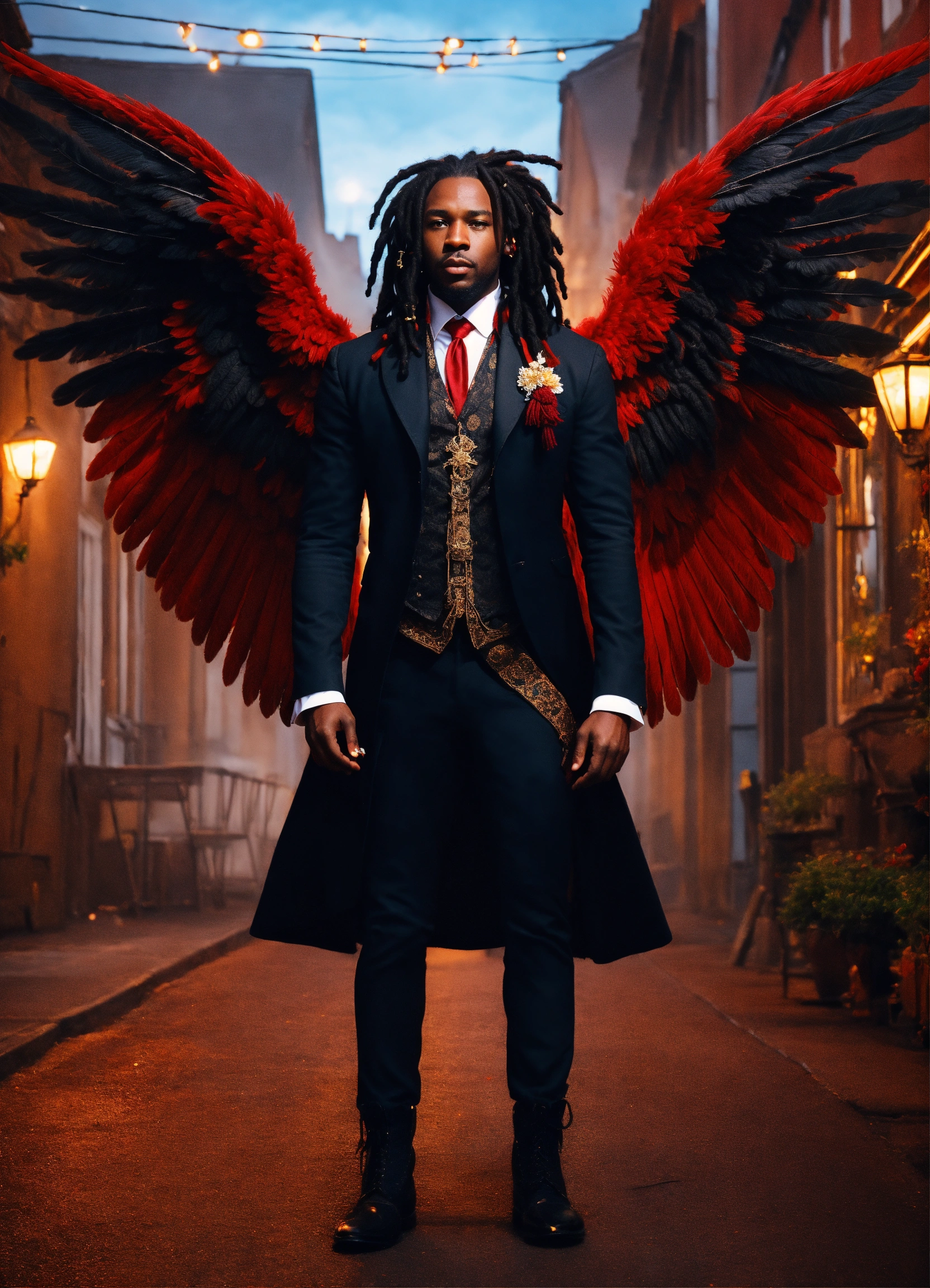 Lexica - Black man black dreadlocks Victorian red winged angel 4k
