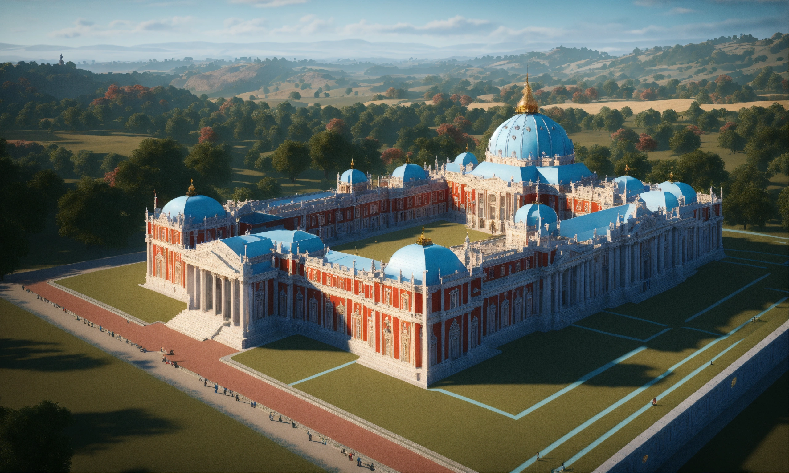 Lexica - Full image of a massive royal palace with light blue and red ...